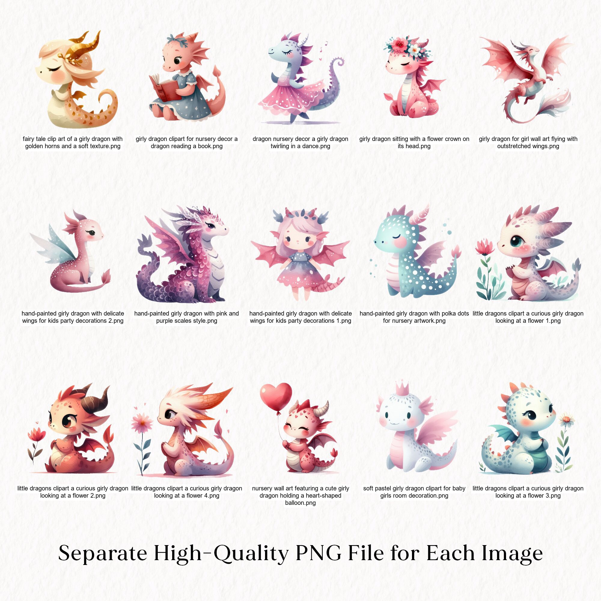Cute Girly Dragon Watercolor Clipart PNG Nursery Wall Art, Baby Shower ...