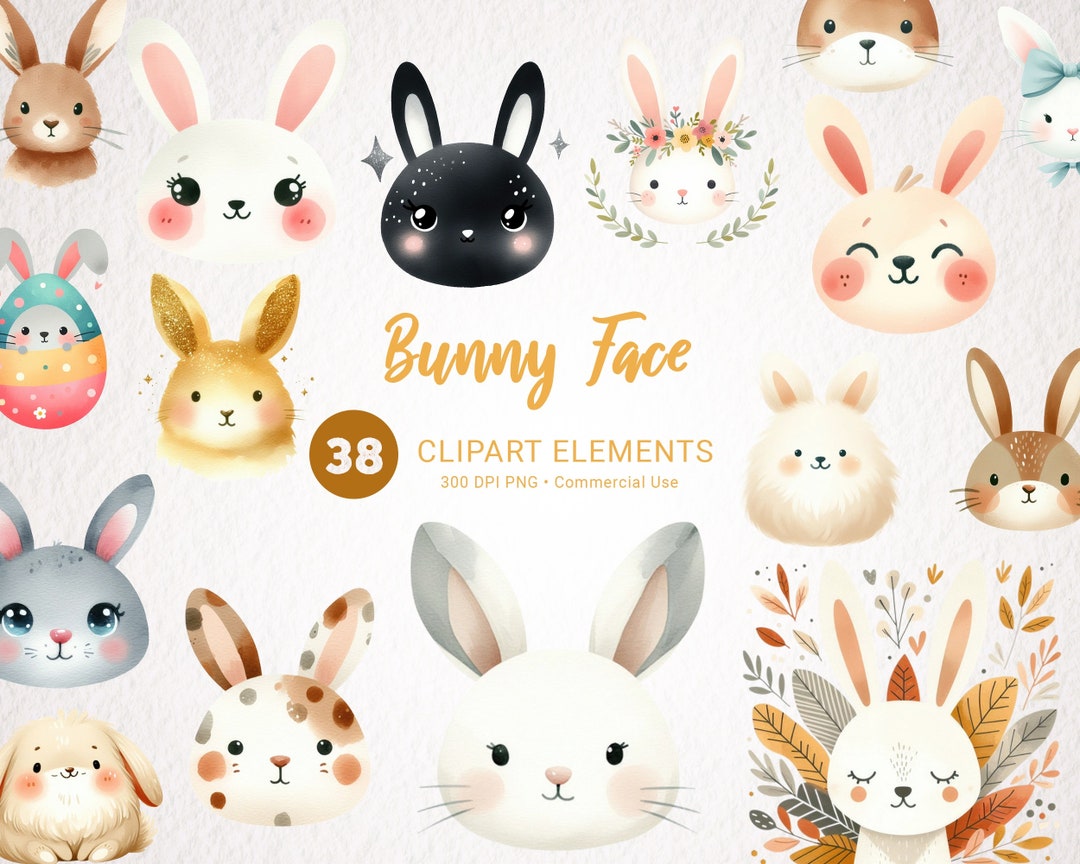Bunny Face Watercolor Clipart Bundle - 38 PNG Bunny Images for Crafts ...