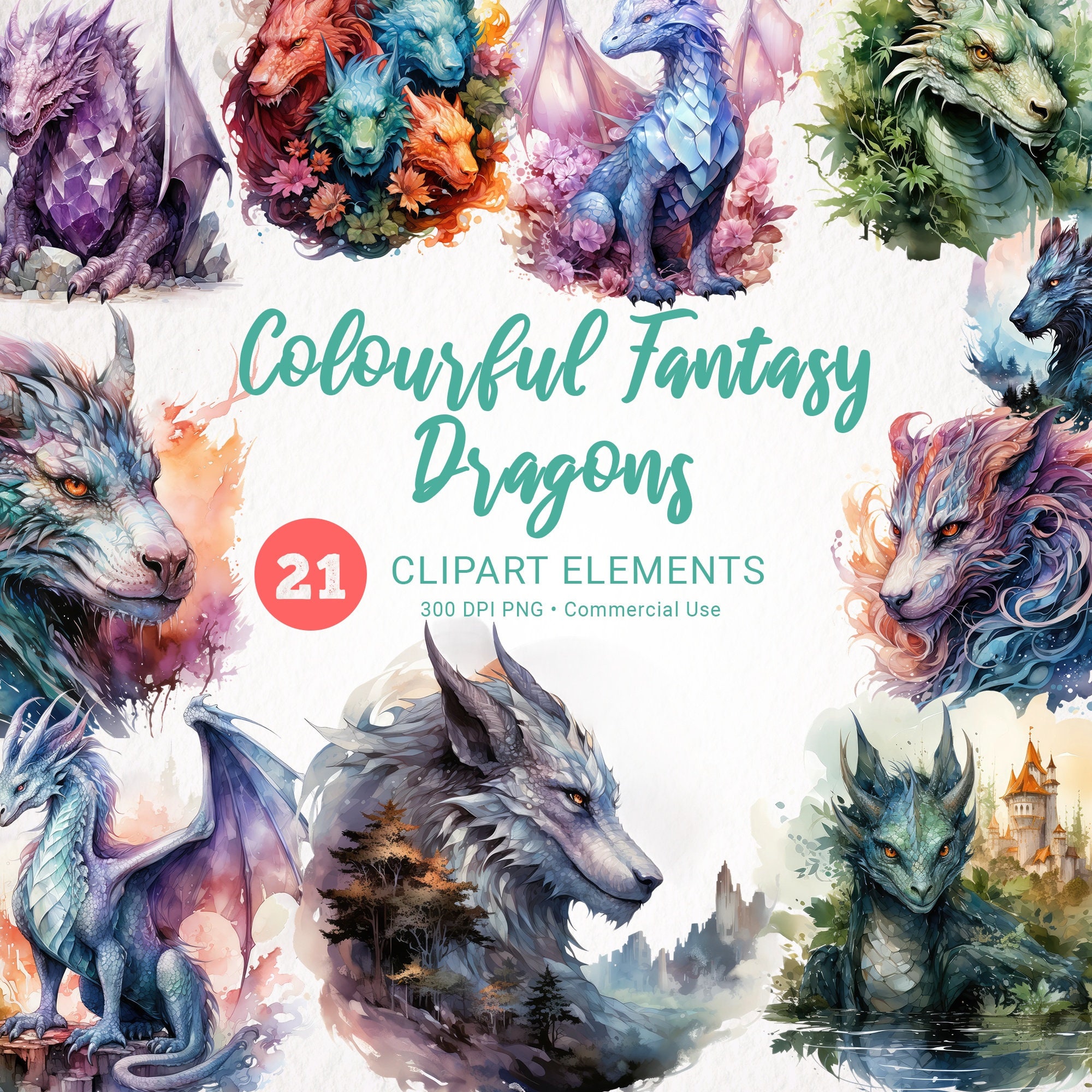 Fantasy Dragon Watercolor Clipart Bundle 21 Transparent PNG Images ...