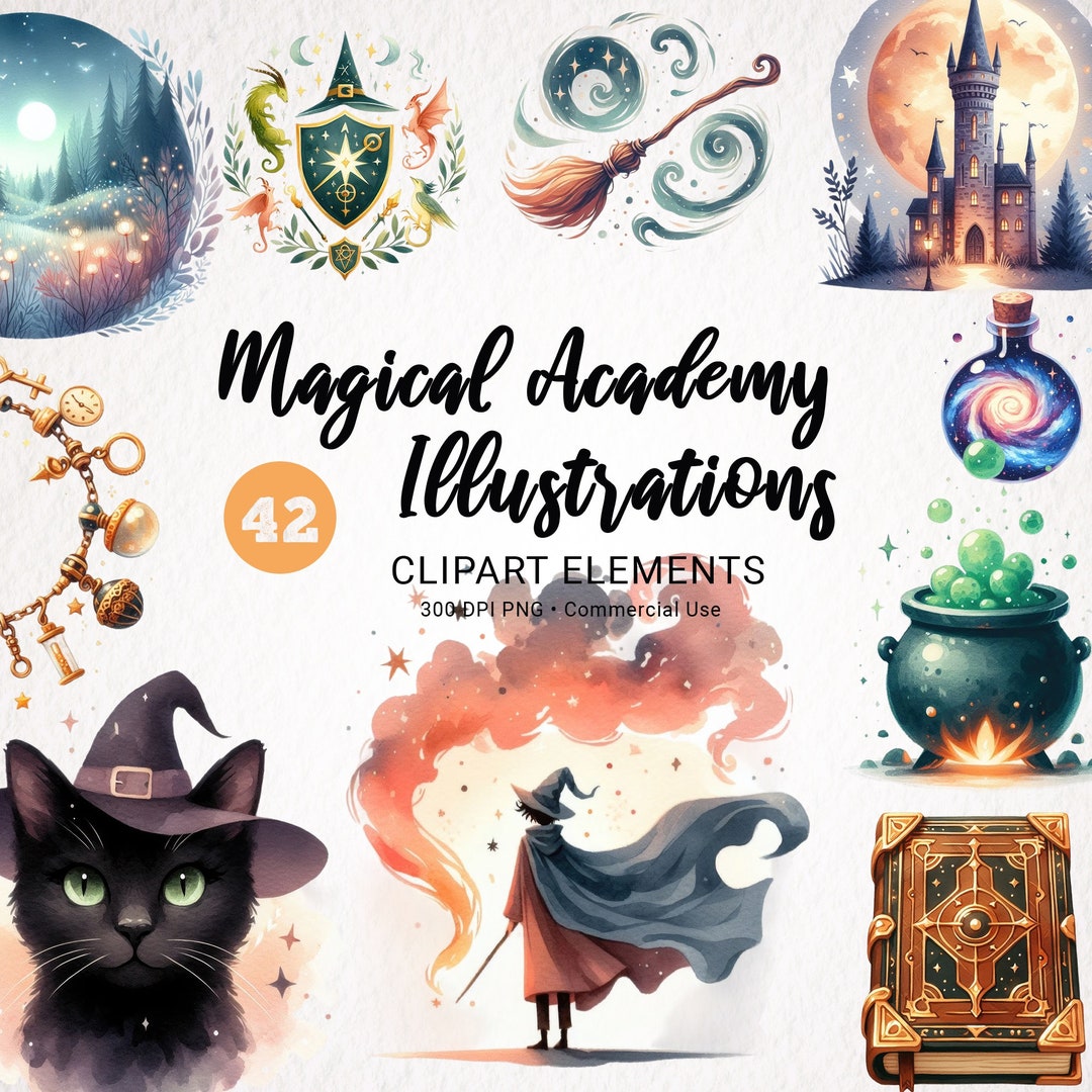 Wizard Academy Watercolor Clipart Bundle - Magic School PNG, Spells ...