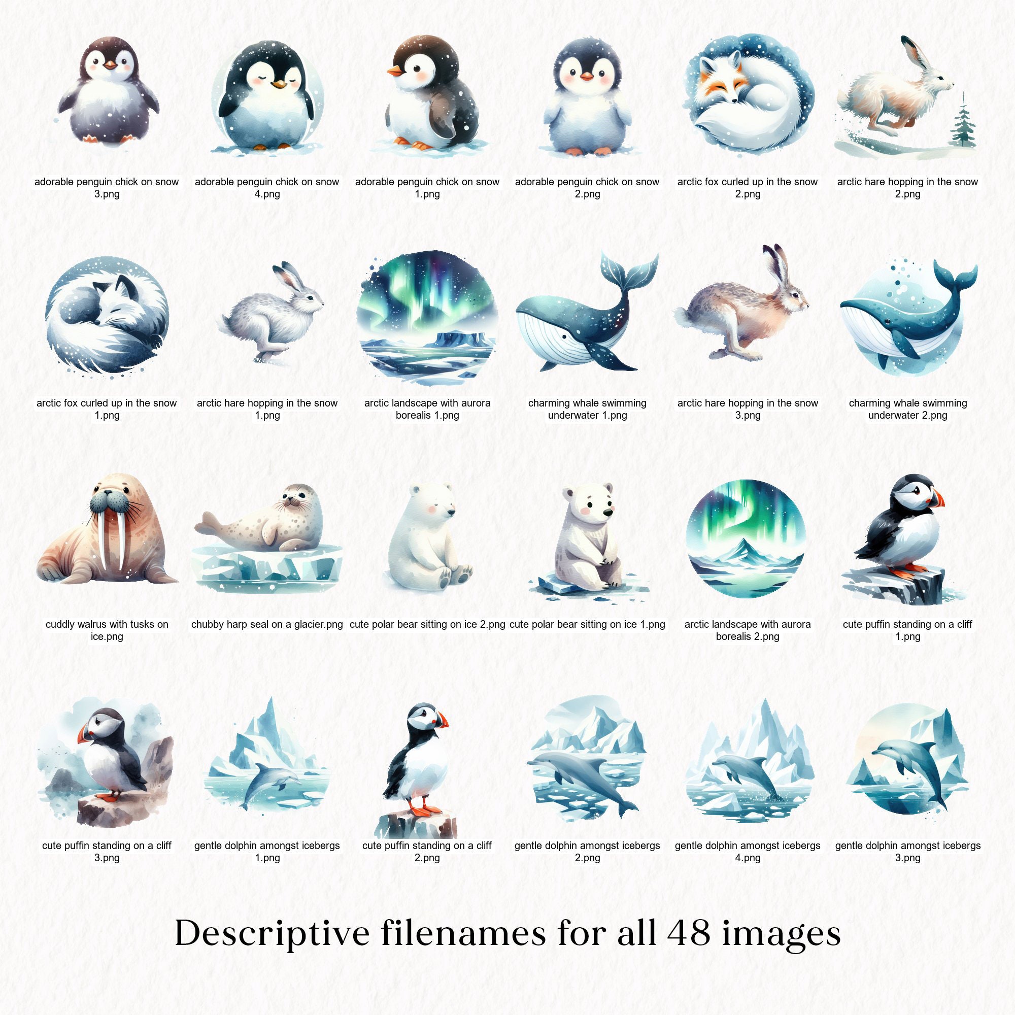 Watercolor Arctic Animals Clipart Cute Polar Bear, Penguin, Narwhal ...
