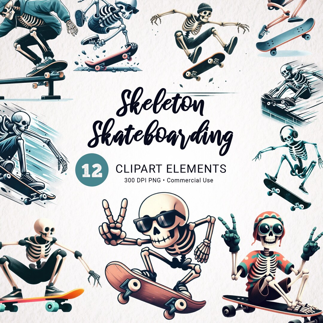 Skeleton Skateboarders Watercolor Clipart - 12 Skate Tricks PNG Images ...
