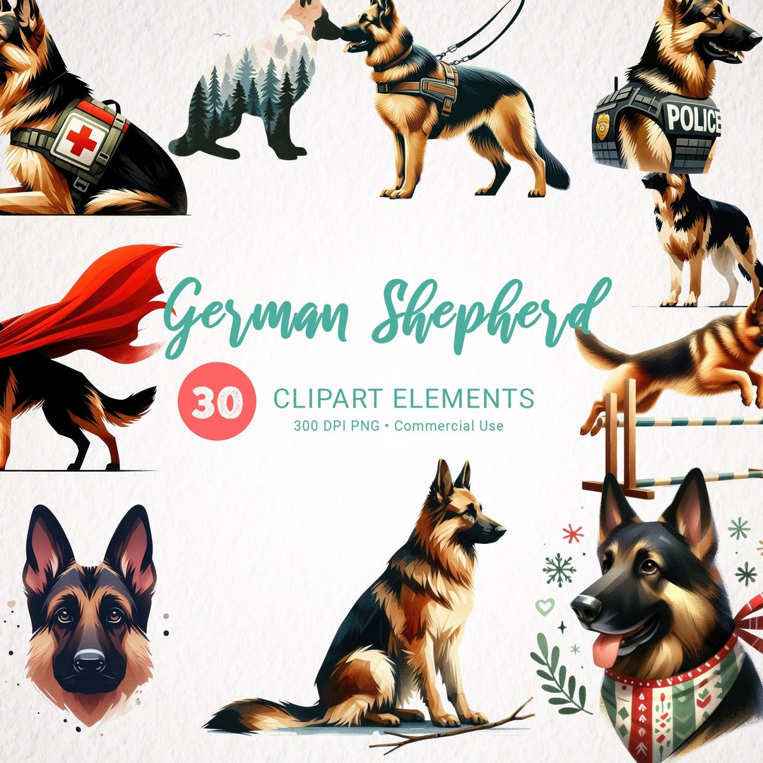 German Shepherd Watercolor Clipart Bundle - 30 Transparent PNG Images ...