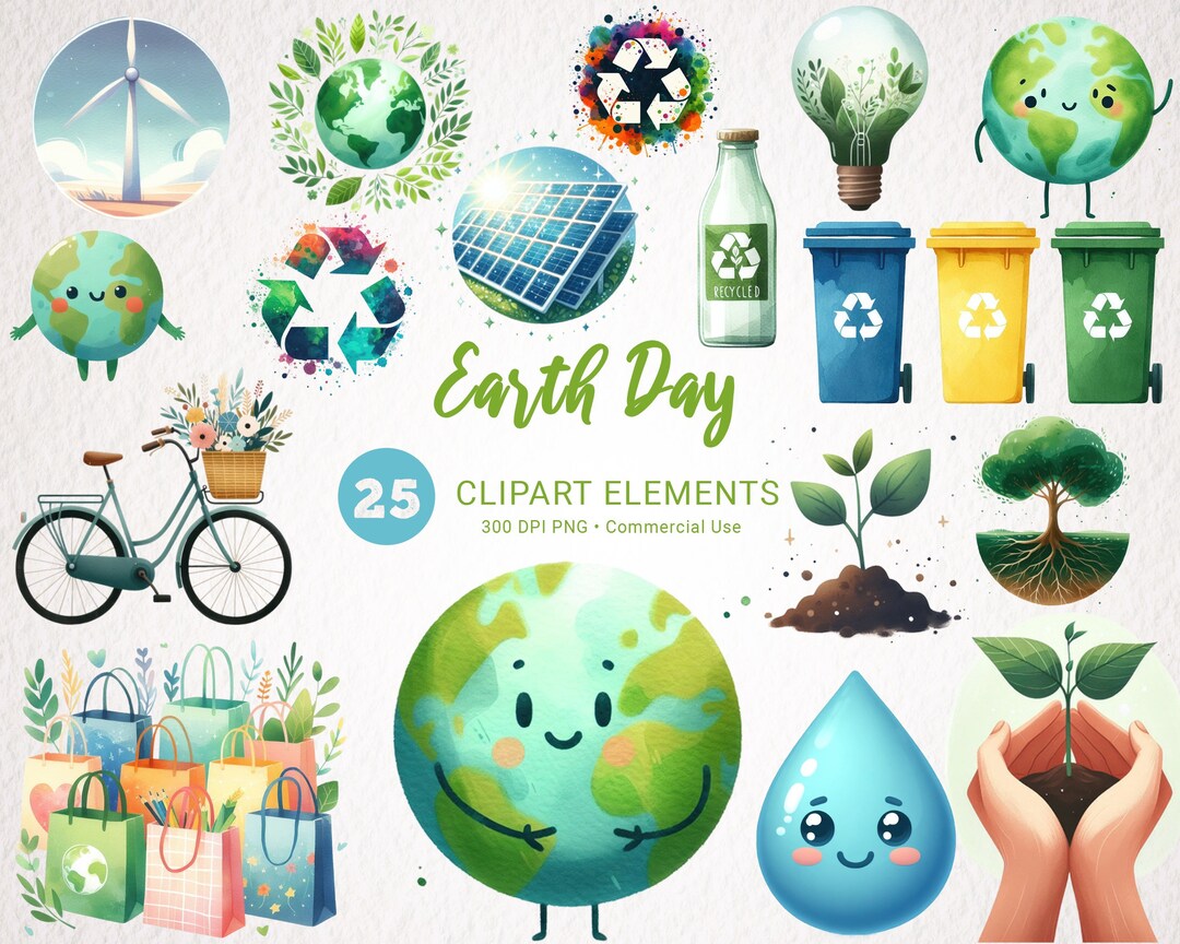 Earth Day Watercolor Clipart Bundle - 25 Eco-friendly PNG Images for ...