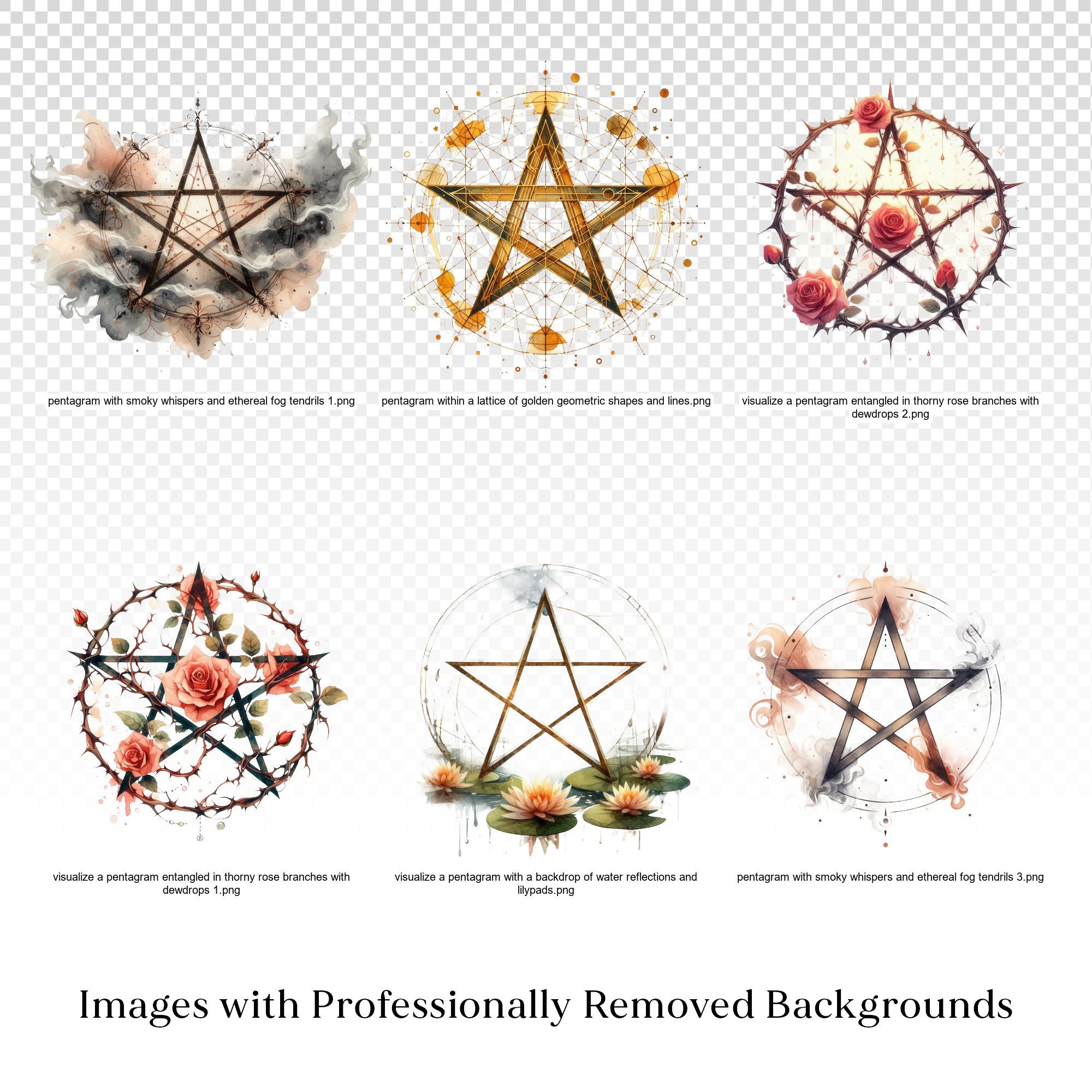 Stained Glass Pentagram Clipart Bundle, Watercolour Wiccan PNG ...