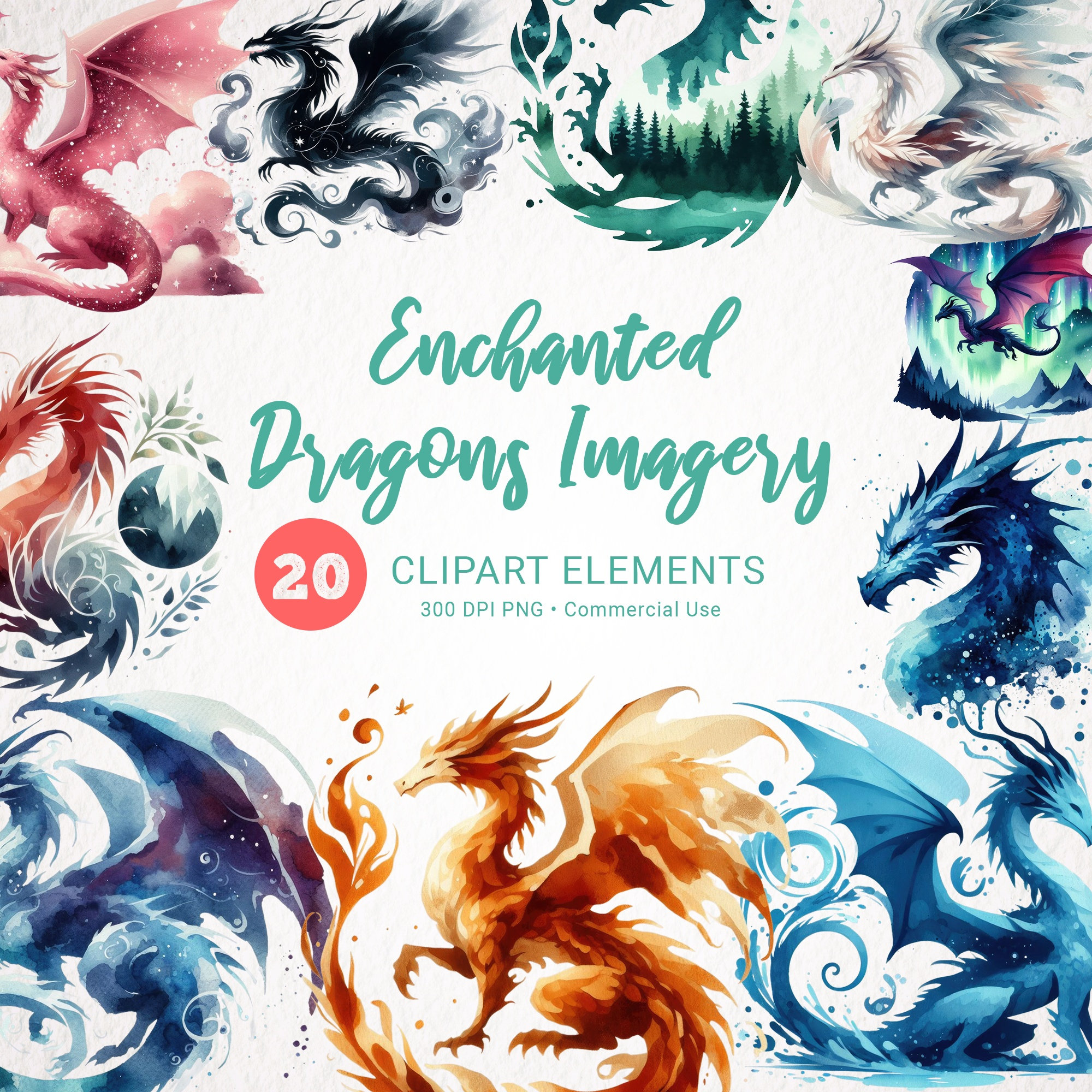 Dragons Watercolor Clipart Fantasy Bundle Mystical Magic Colored Dragon ...