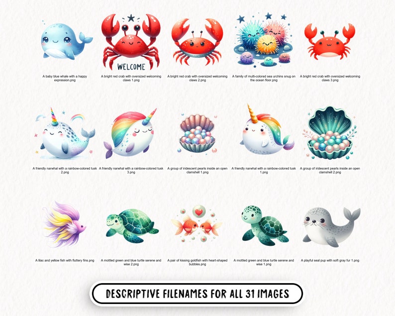 Cute Under the Sea Creatures Watercolor Clipart 31 PNG Big Bundle ...