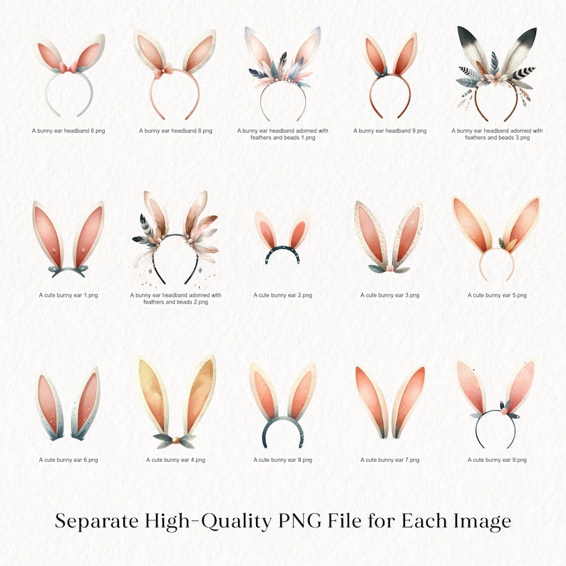 Bunny Ears Watercolor Clipart Bundle 30 PNG Images, Feathered & Beaded ...