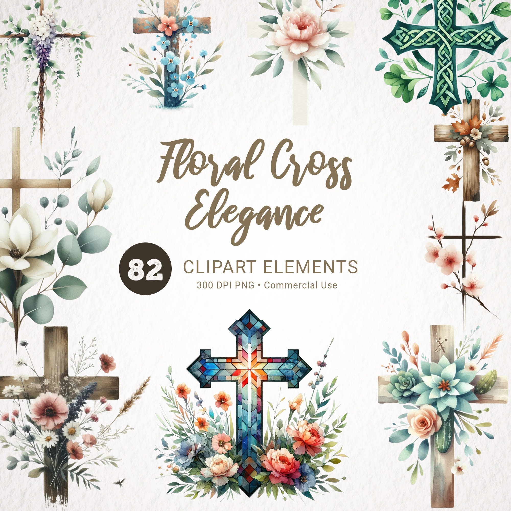 Watercolor Flower Cross Clipart Floral Cross Watercolor PNG Bundle ...