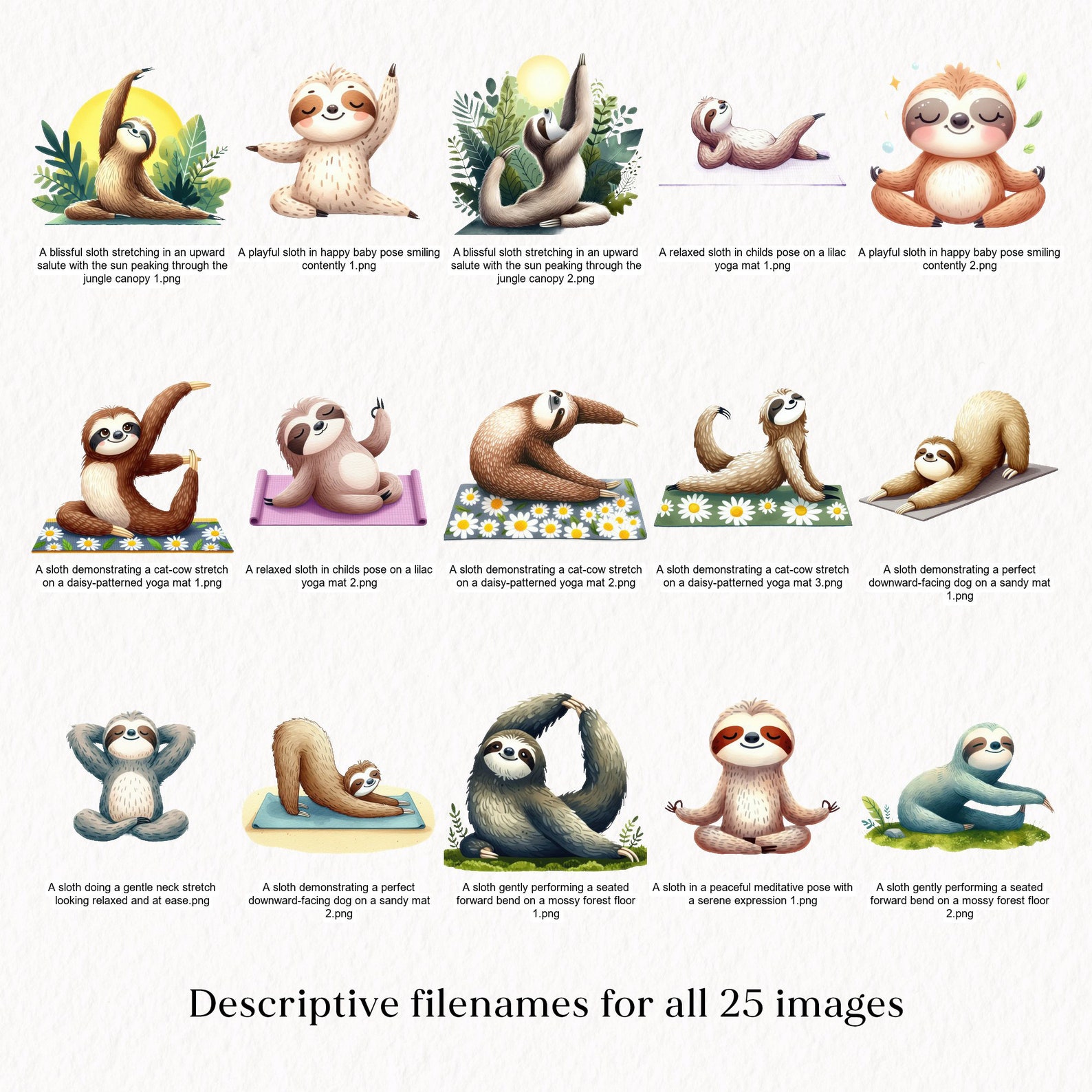 Yoga Sloth Watercolor Clipart Bundle 25 PNG Images of Relaxing Sloths ...