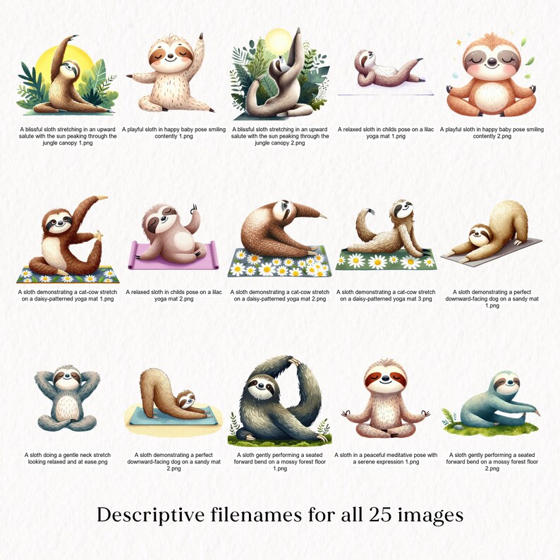 Yoga Sloth Watercolor Clipart Bundle 25 PNG Images of Relaxing Sloths ...