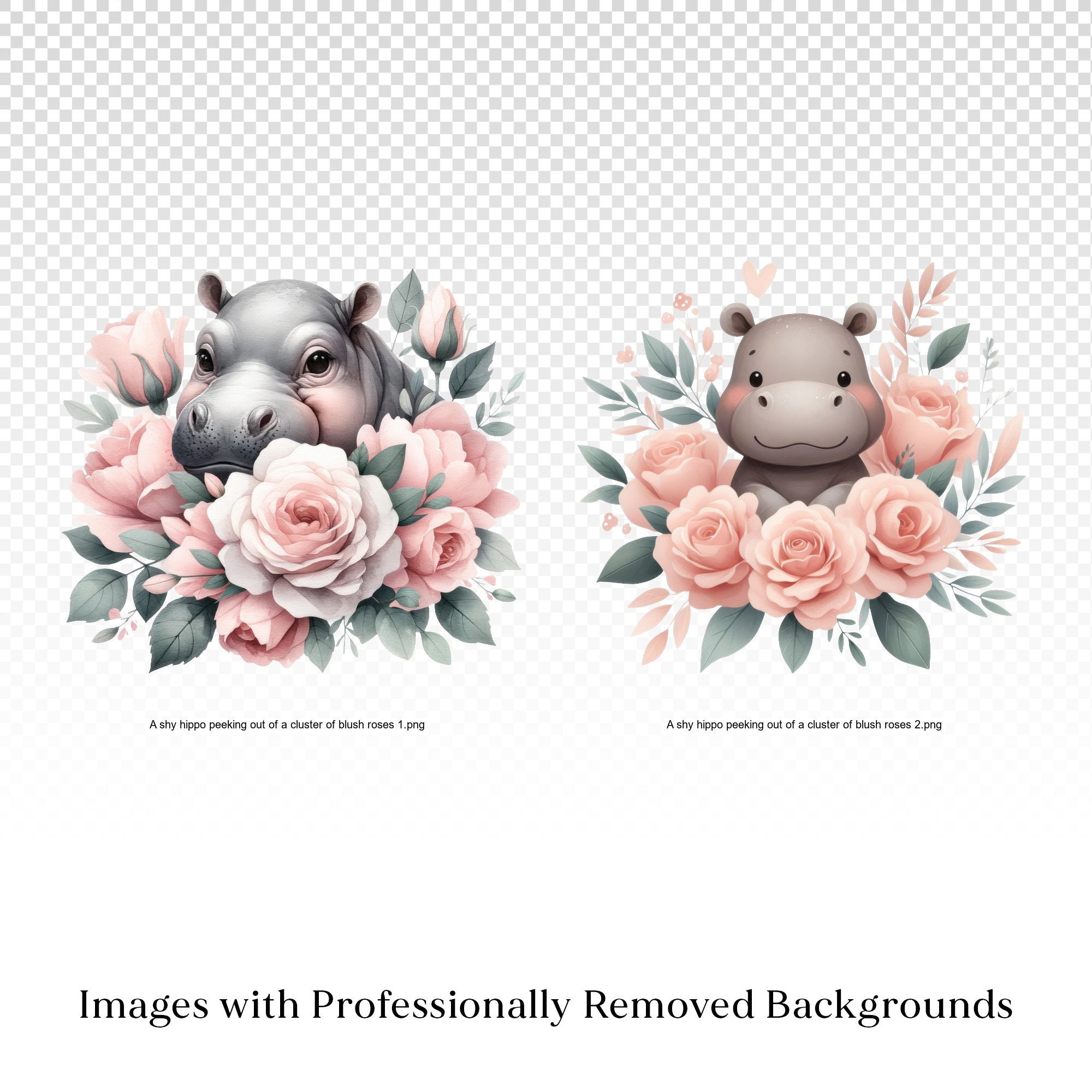 Floral Hippo Watercolor Clipart Bundle 14 PNG Images, Hippo & Flowers ...
