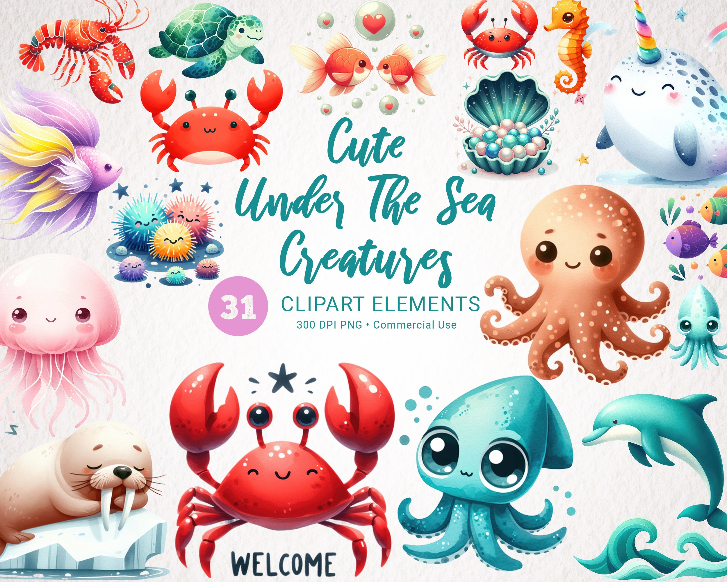 Cute Under the Sea Creatures Watercolor Clipart 31 PNG Big Bundle ...