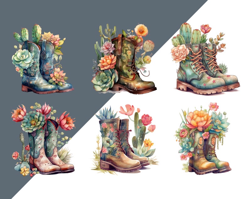 Cute Cactus Boots Clipart Bundle PNG Suitable for - Etsy