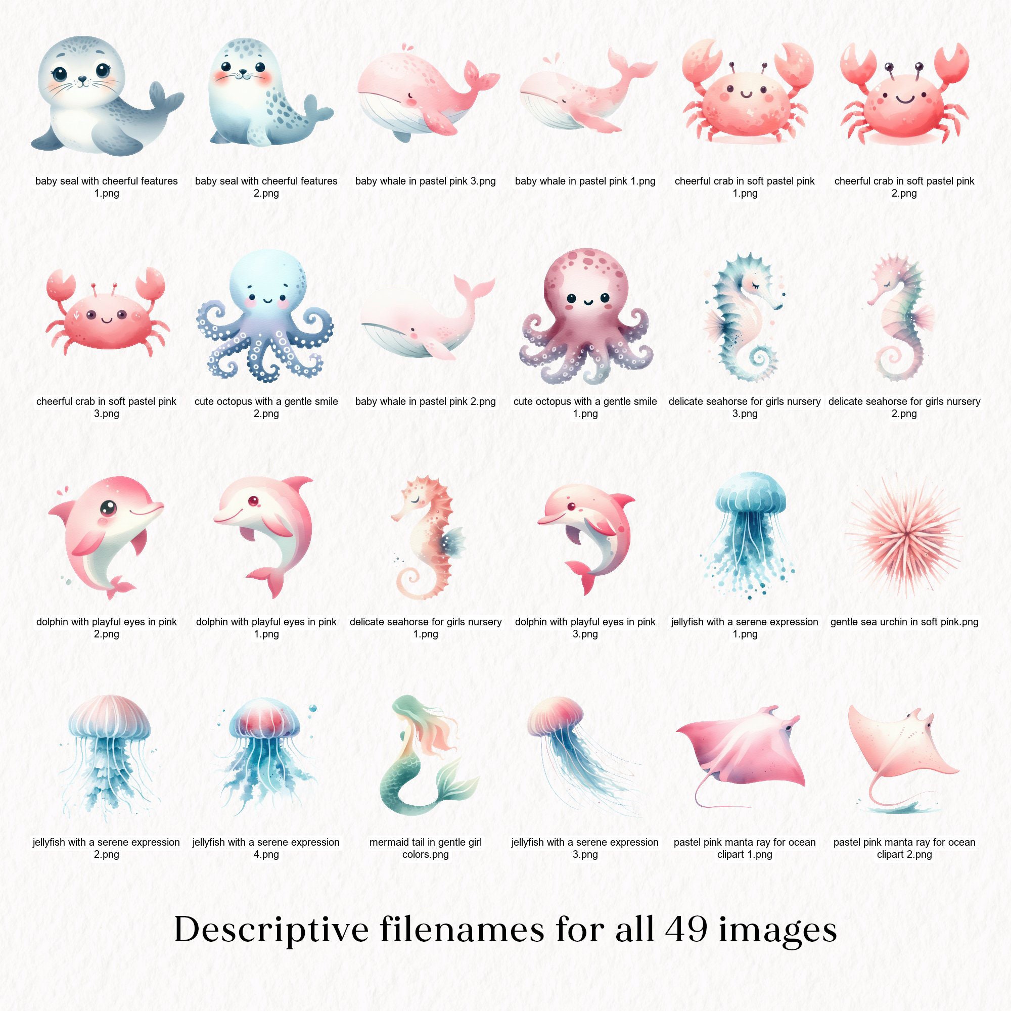 Ocean Animals Watercolor Clipart - Cute Undersea Nursery Decor, Whale ...