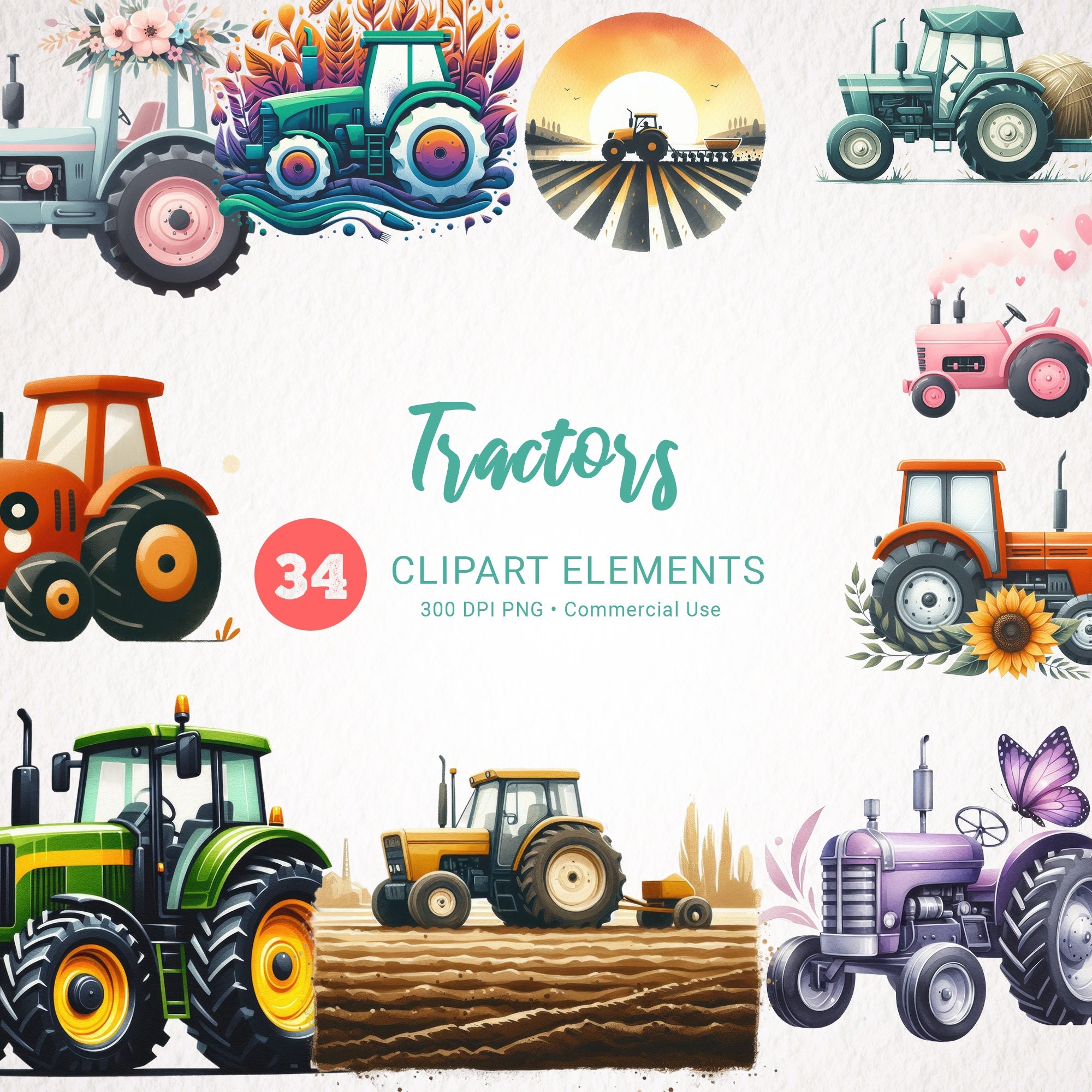 Watercolor Tractors Clipart Bundle 34 Farm Machinery Transparent PNG ...