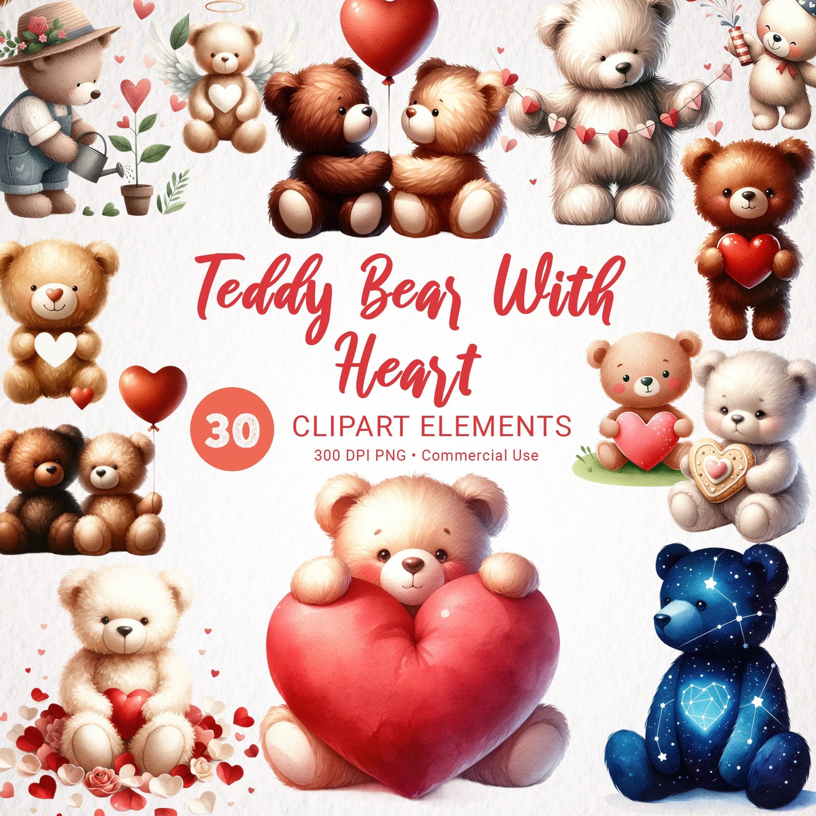Teddy Bear With Heart Clipart Bundle 30 High Quality Watercolor PNG ...