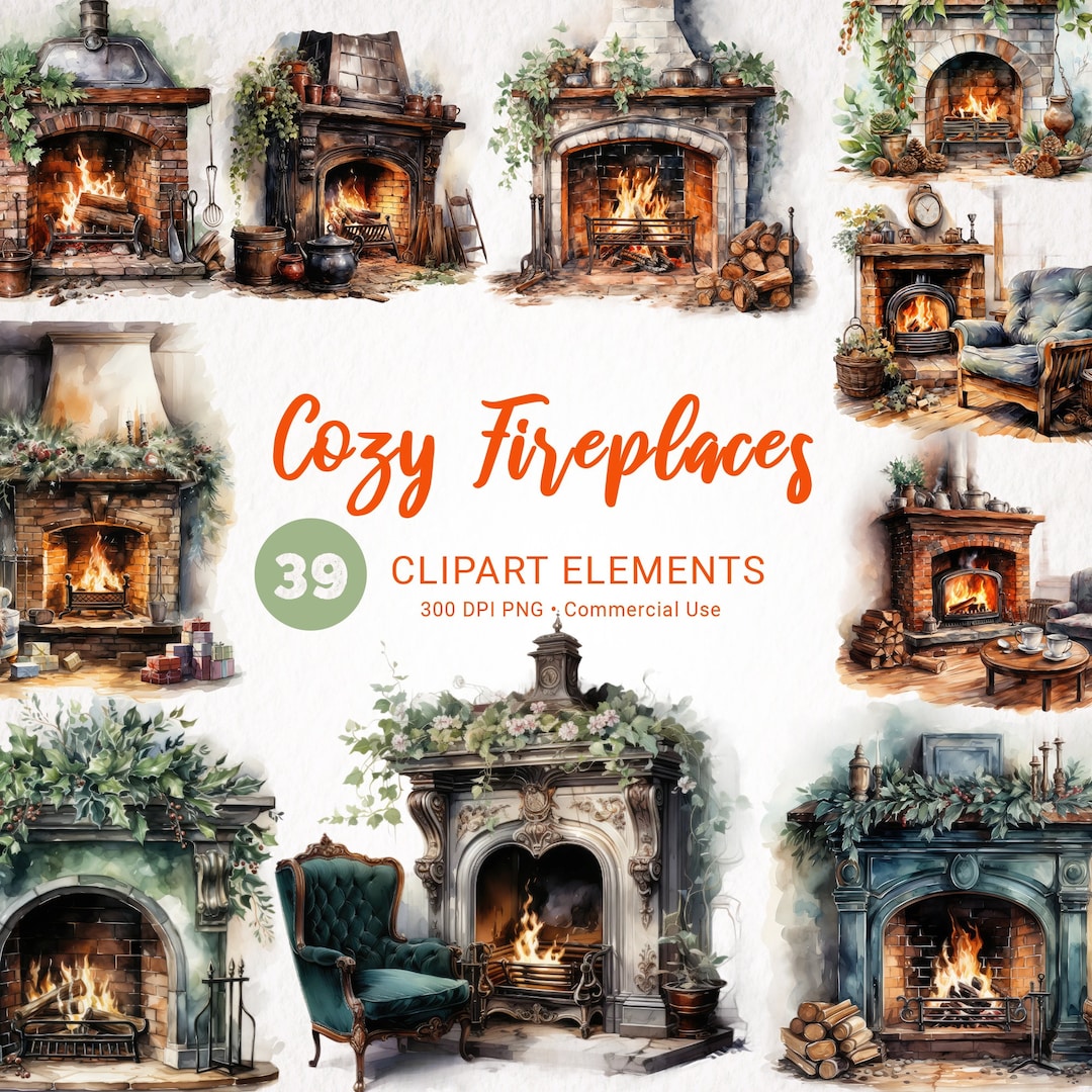 Cozy Fireplace Watercolor Clipart Bundle - 39 Transparent PNG Images of ...