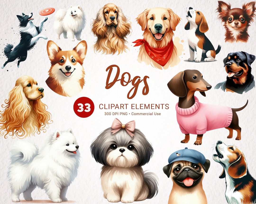 Dogs Watercolor Clipart Bundle - 33 High-quality PNG Images, Pet ...