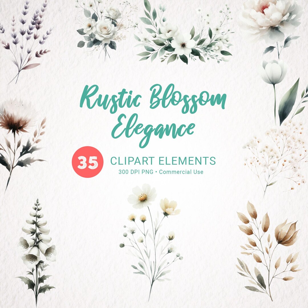 Rustic White Floral Watercolor Clipart - Wedding Roses Premade Graphics ...