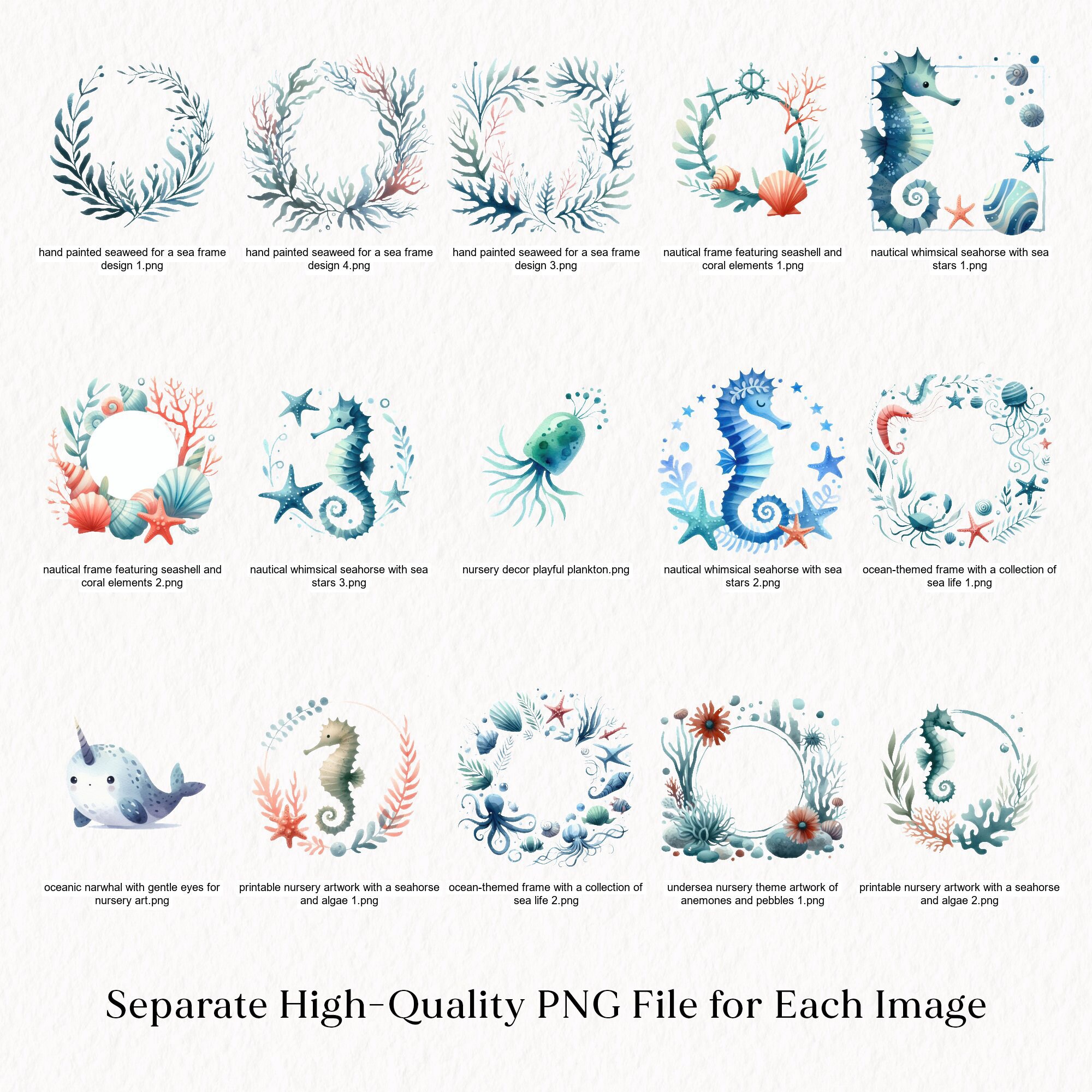 Watercolor Undersea Wreath Clipart, Nautical Frame PNG, Nursery Decor ...