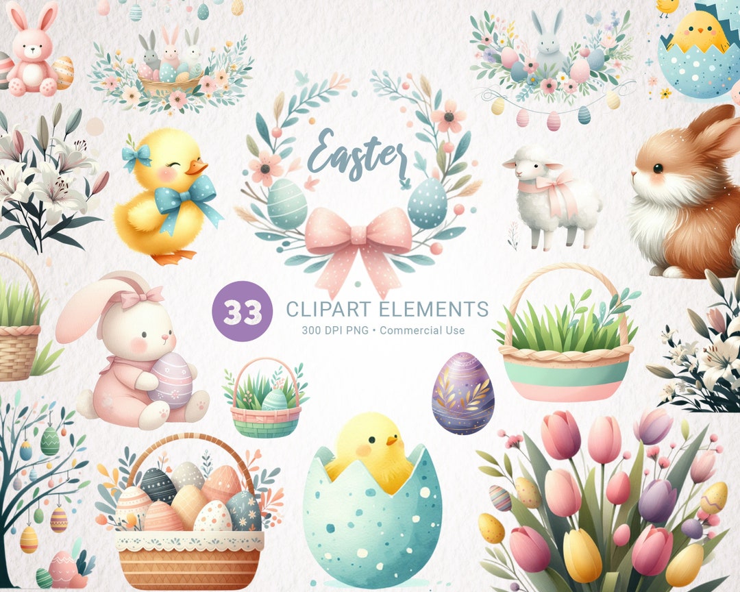 Easter Watercolor Clipart Bundle - 33 PNG Images, Pastel Spring Scenes ...