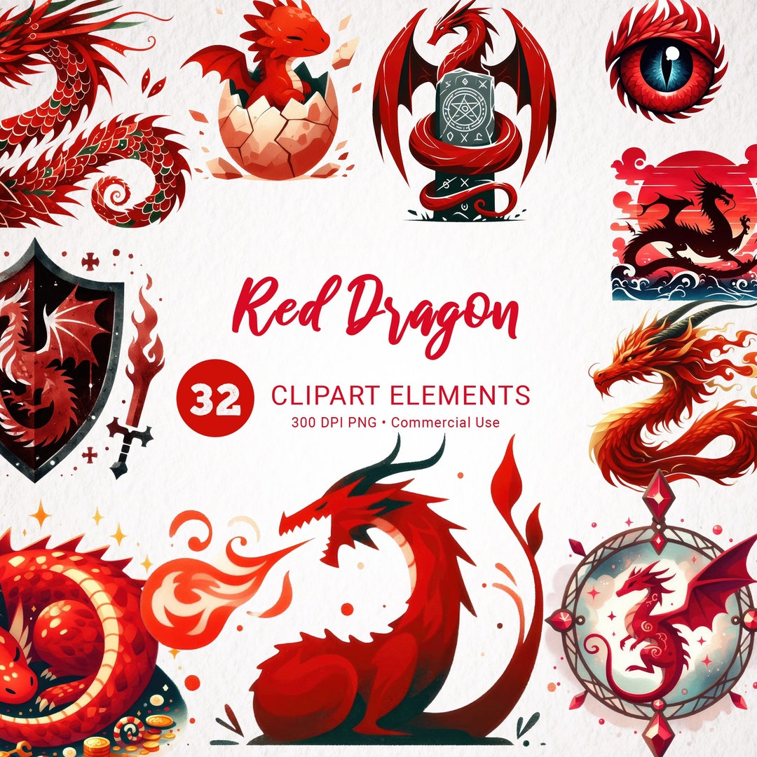 Red Dragon Watercolor Clipart Bundle - 32 High-quality PNG Images ...