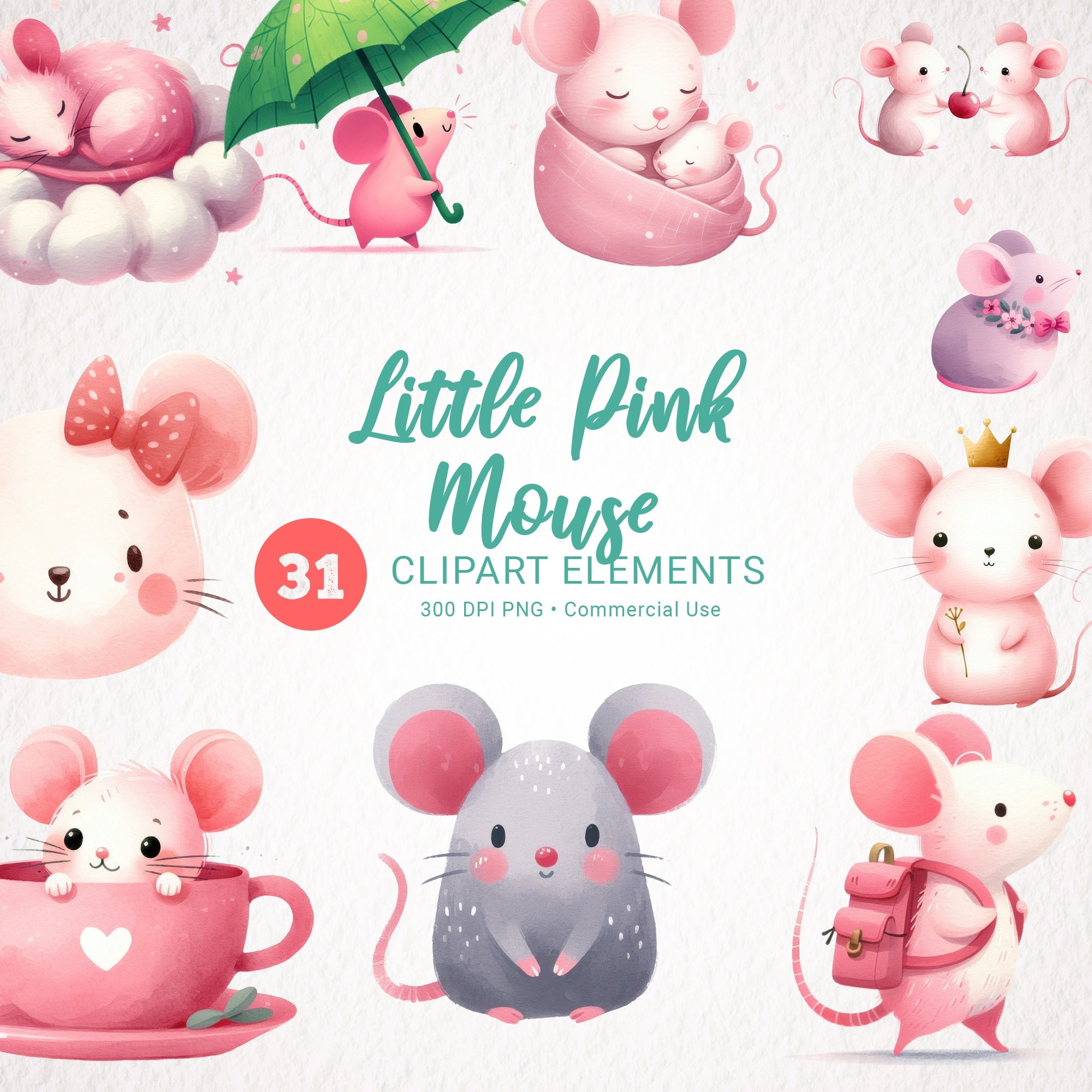 Little Pink Mouse Watercolor Clipart Bundle 31 Transparent PNG Images ...