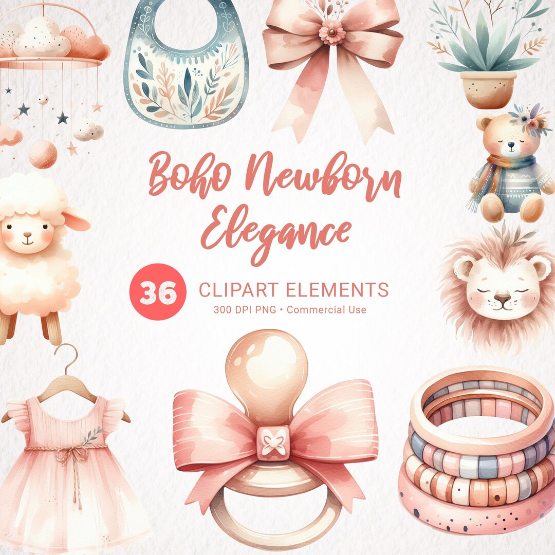 Boho Baby Watercolor Clipart - Nursery Decor PNG, Newborn Kids Digital ...