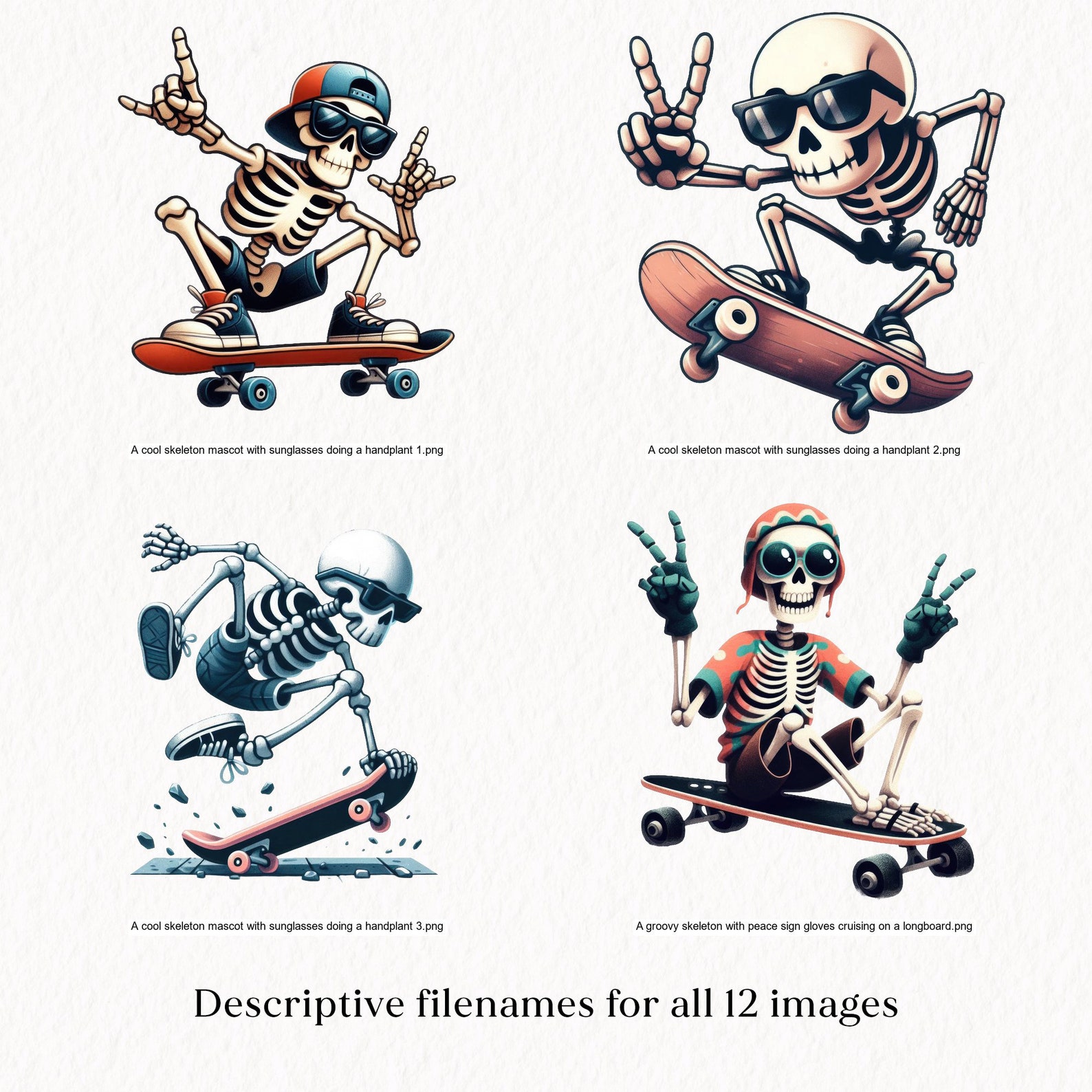 Skeleton Skateboarders Watercolor Clipart 12 Skate Tricks PNG Images ...