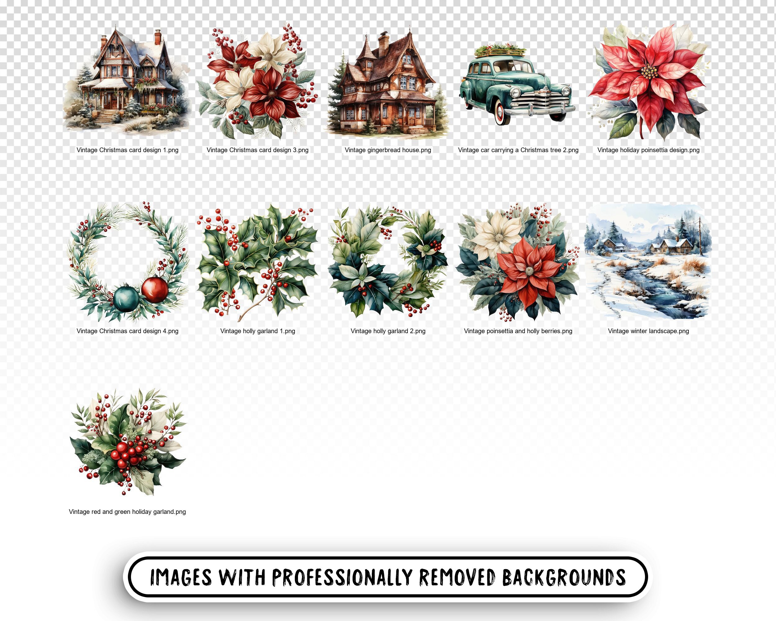 Vintage Christmas Watercolor Clipart Bundle 41 High-quality Pngs ...