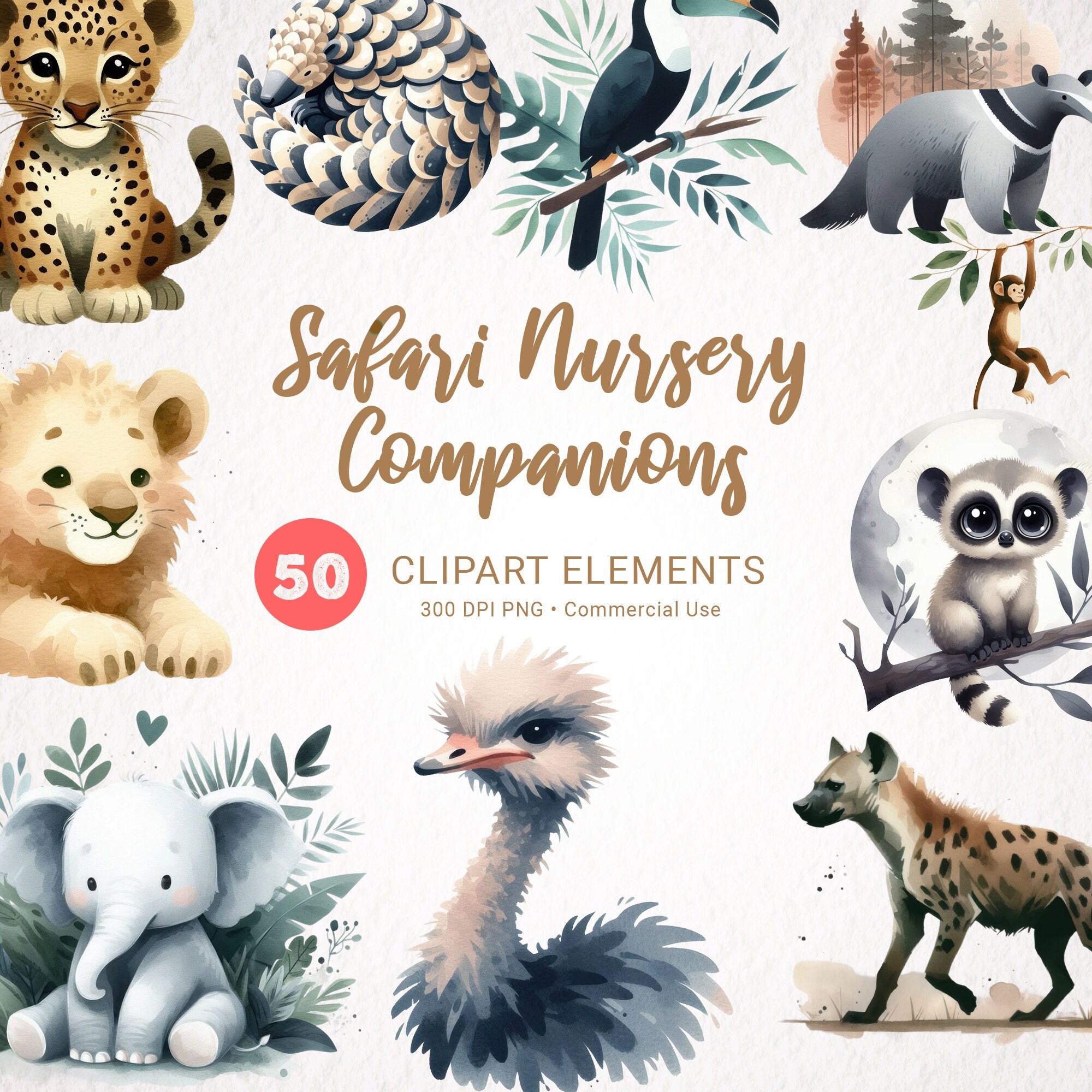 Jungle Safari Watercolor Clipart Cute Animals for Baby Shower, Nursery ...