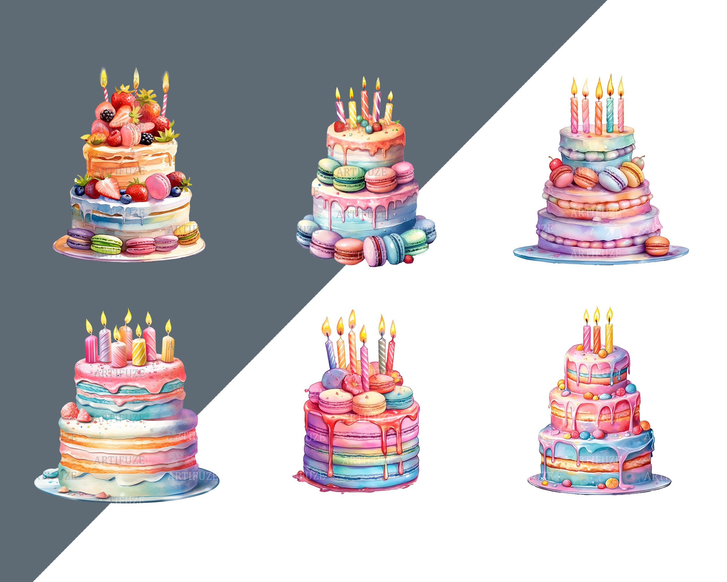 Watercolor Birthday Cake Clipart Bundle 10 Pngs for Invites, Scrapbooks ...