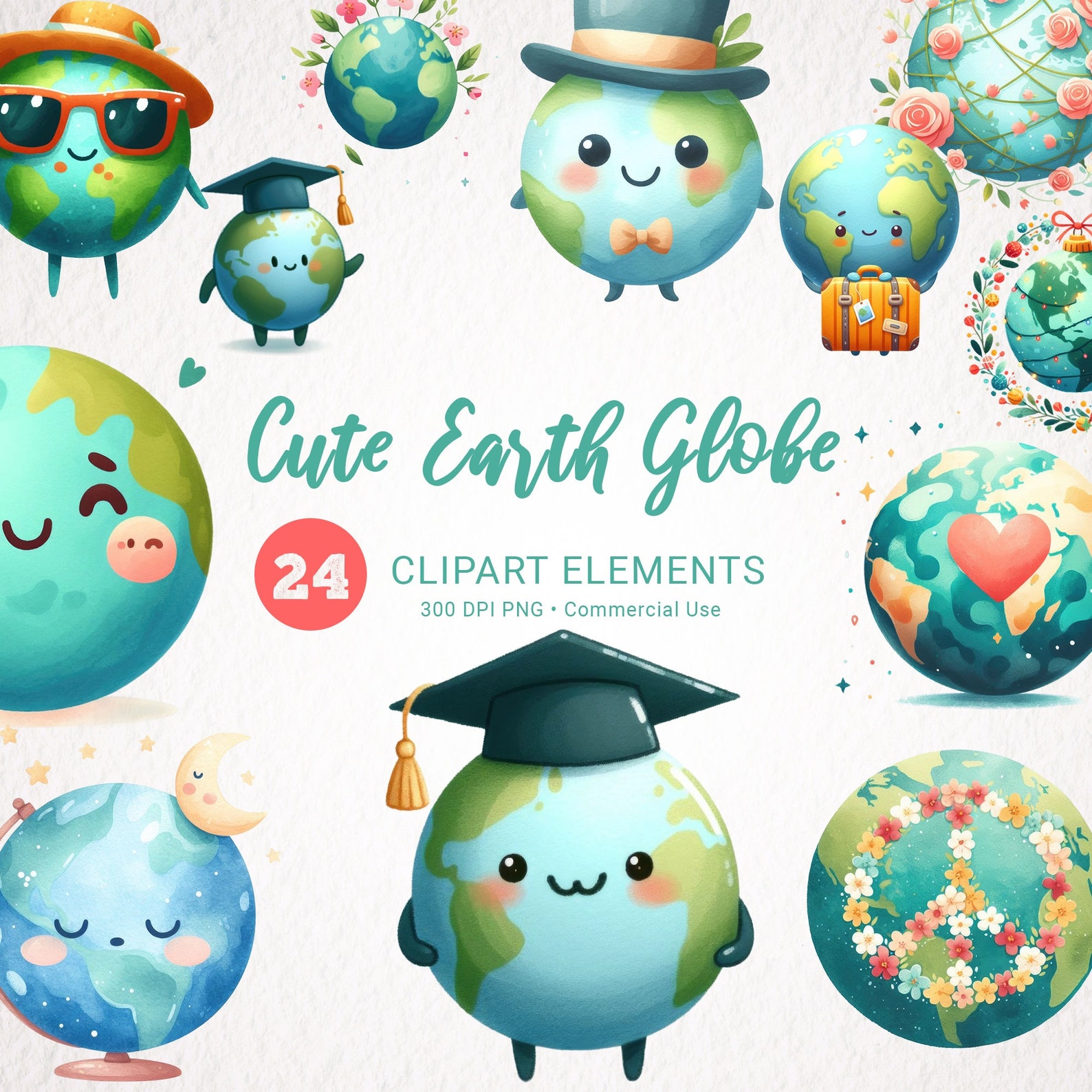 Cute Earth Globe Watercolor Clipart Bundle 24 HQ Transparent PNG Images ...