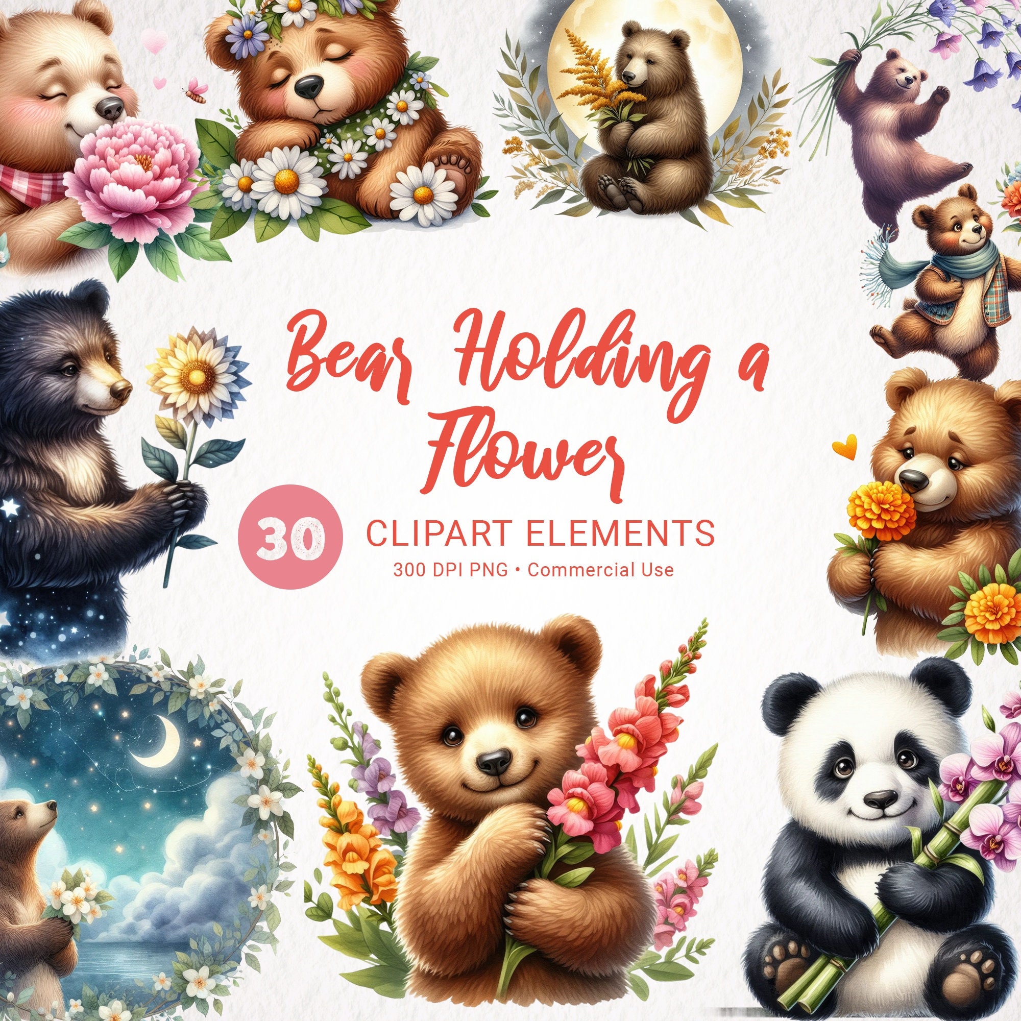 Bear Flower Watercolor Clipart 30 PNG Bundle, Floral Bears Digital Art ...