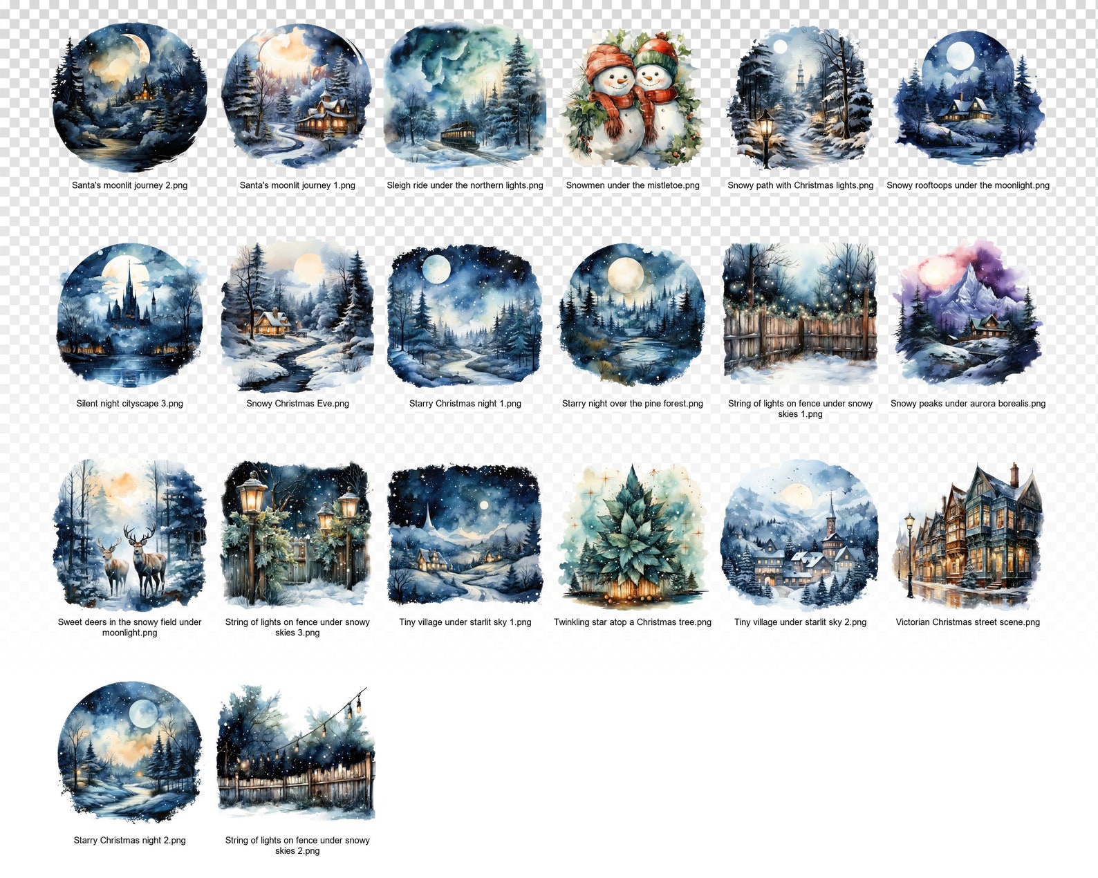 Christmas Night Watercolor Clipart Bundle 68 High Quality Pngs, Holiday ...