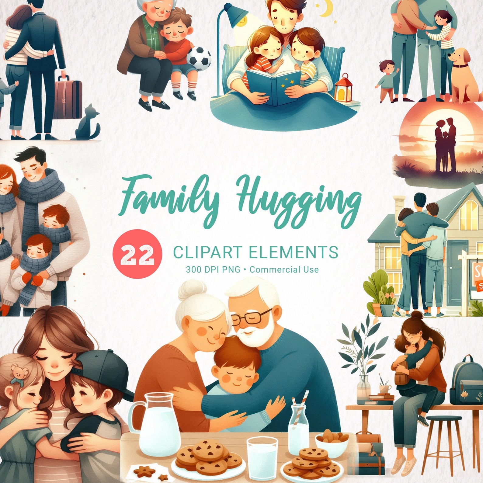Family Hugging Watercolor Clipart Bundle 22 High-quality PNG Images ...