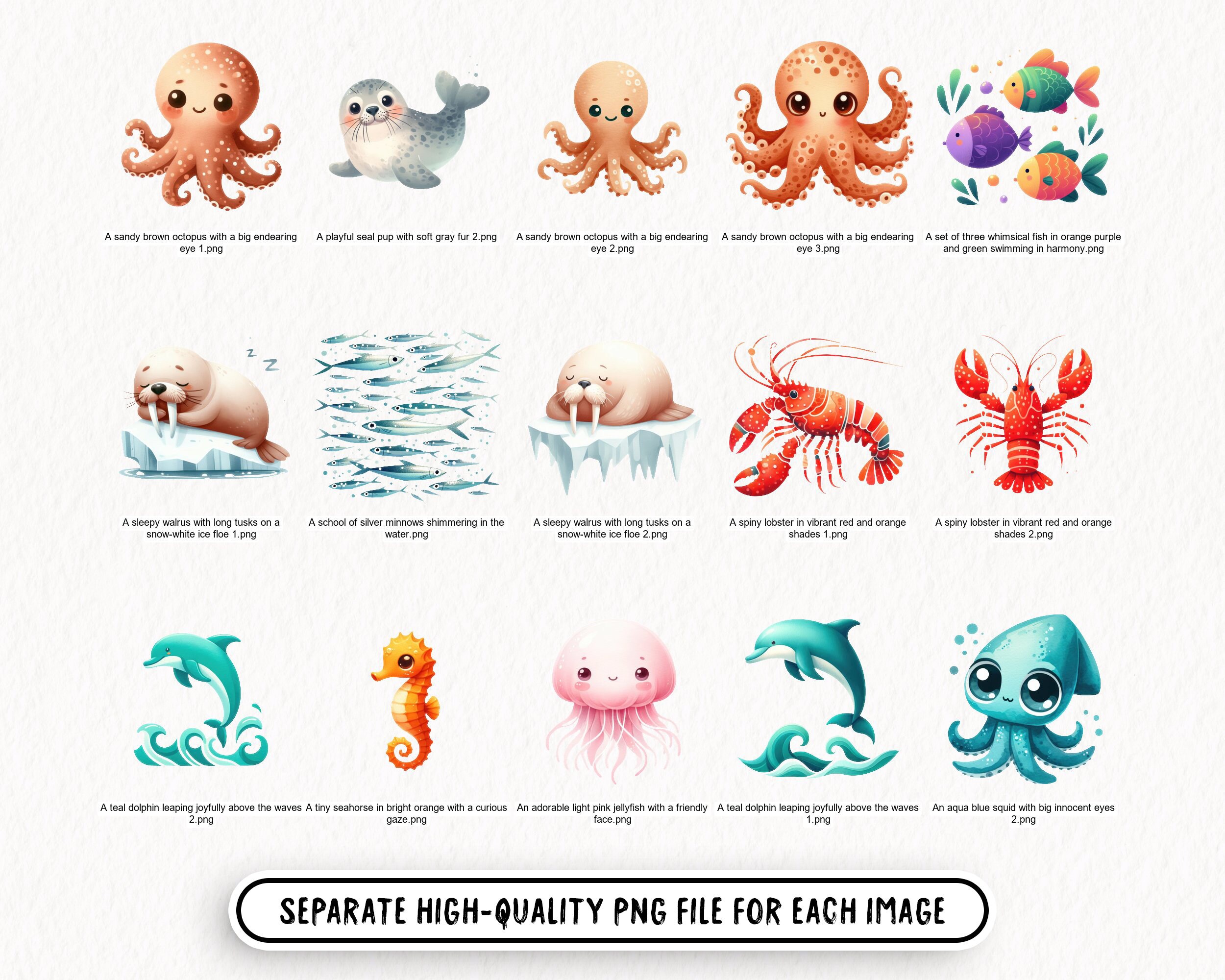 Cute Under the Sea Creatures Watercolor Clipart 31 PNG Big Bundle ...