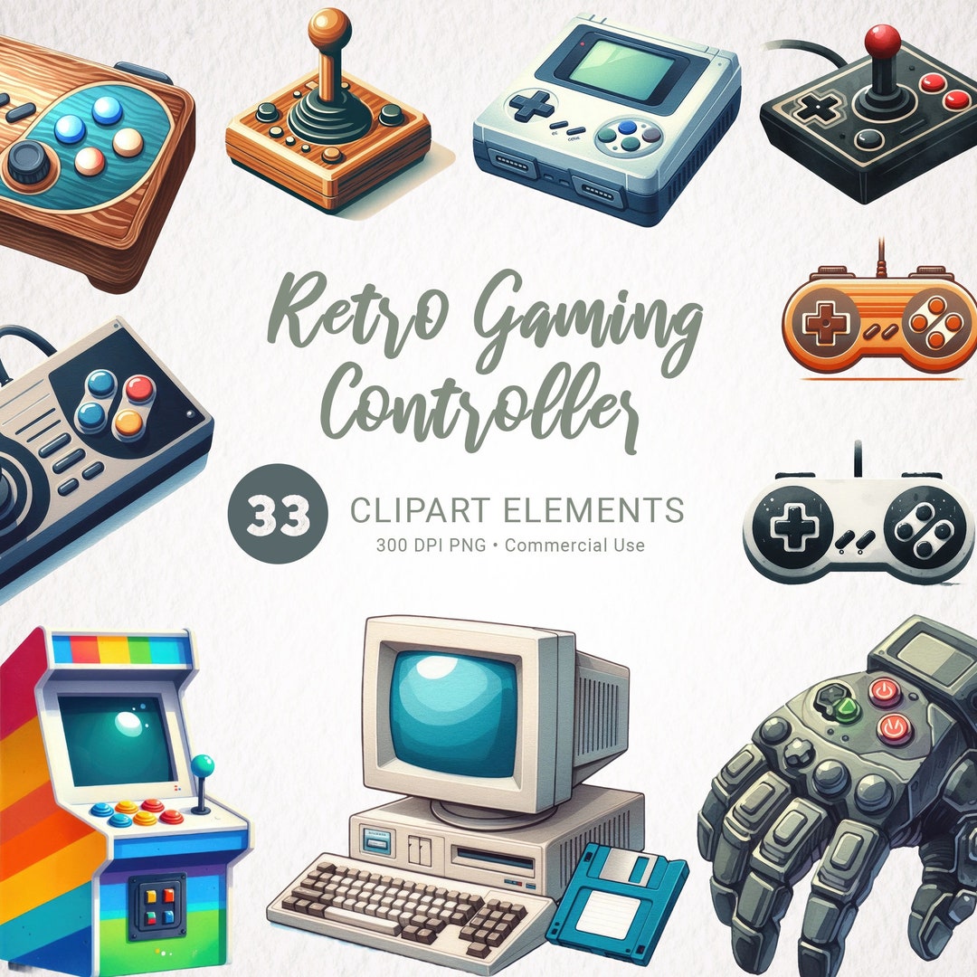 Retro Gaming Controller Watercolor Clipart Bundle 33 Vintage Gamer Pngs ...