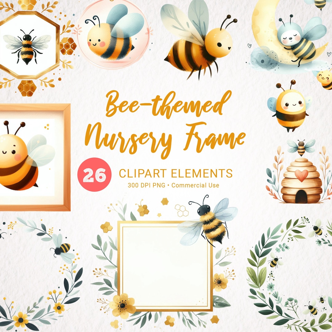 Baby Bee Frame Watercolor Wreath Clipart - Nursery Decor Bee PNG ...
