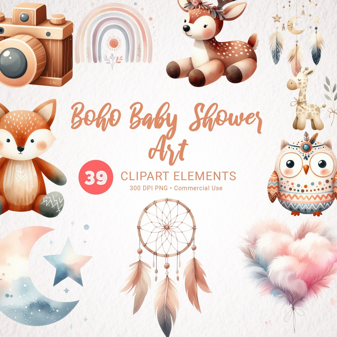 Boho Baby Shower Clipart, Watercolor Baby Toys PNG, Newborn Kids ...