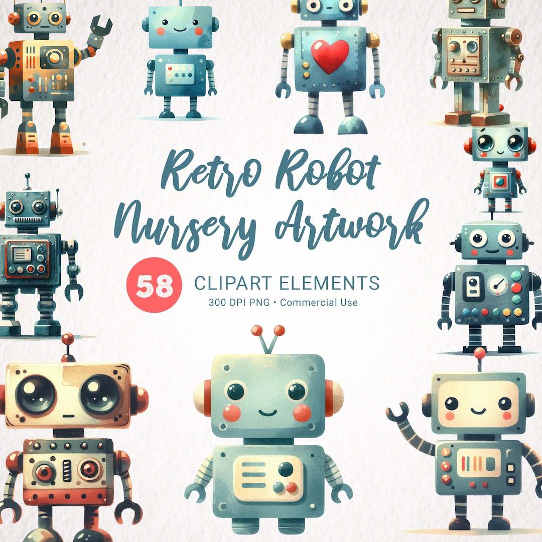 Vintage Robots Watercolor Clipart - Cute Robot PNG - Baby Boy Nursery ...