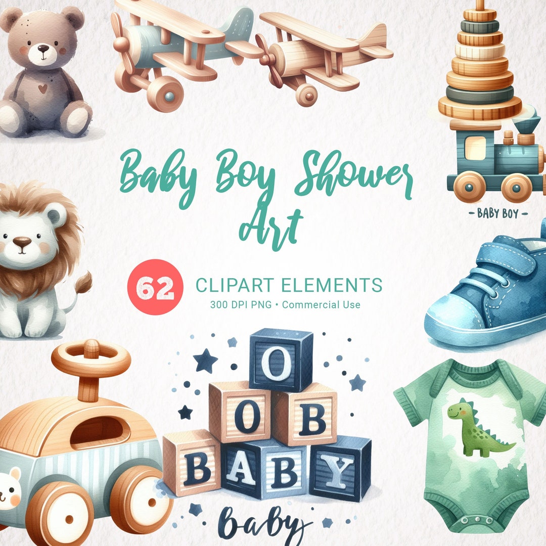 Baby Shower Watercolor Clipart, Boy Nursery Wall Art, Baby Toys Clip ...