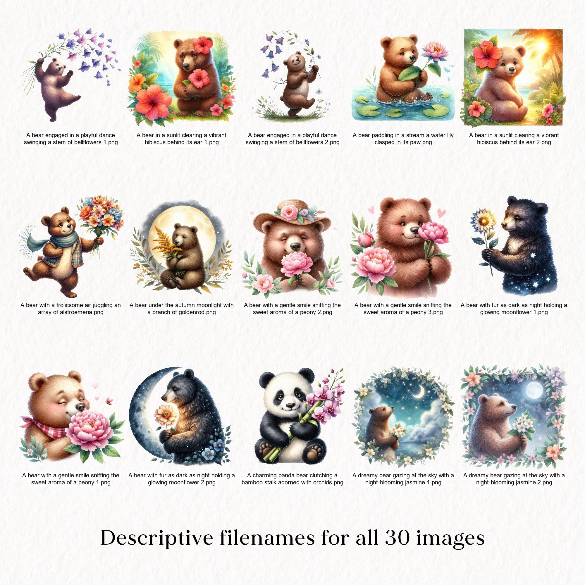 Bear Flower Watercolor Clipart 30 PNG Bundle, Floral Bears Digital Art ...
