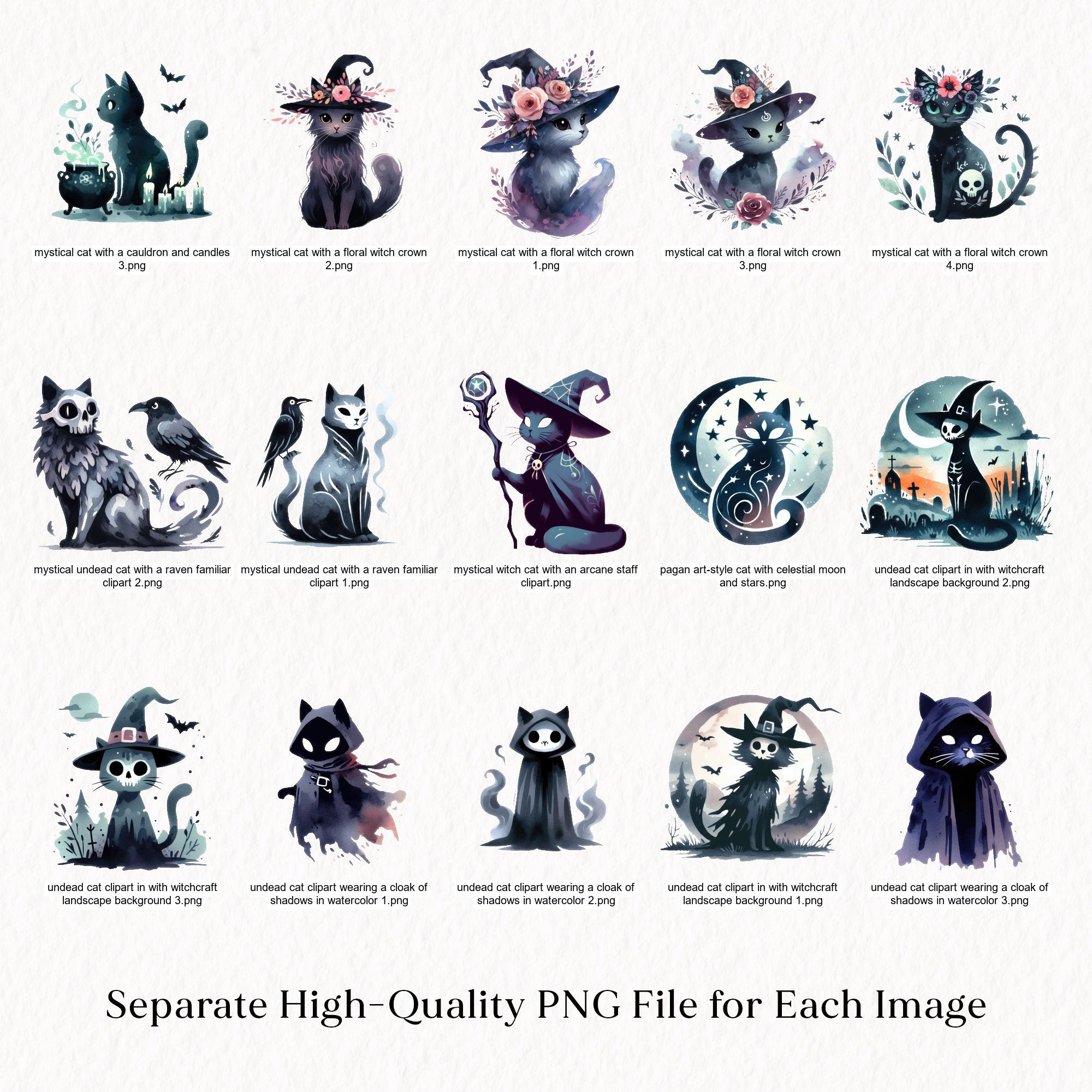 Fantasy Undead Cat Clipart Watercolor Witchcraft Bundle, Mystical Art ...