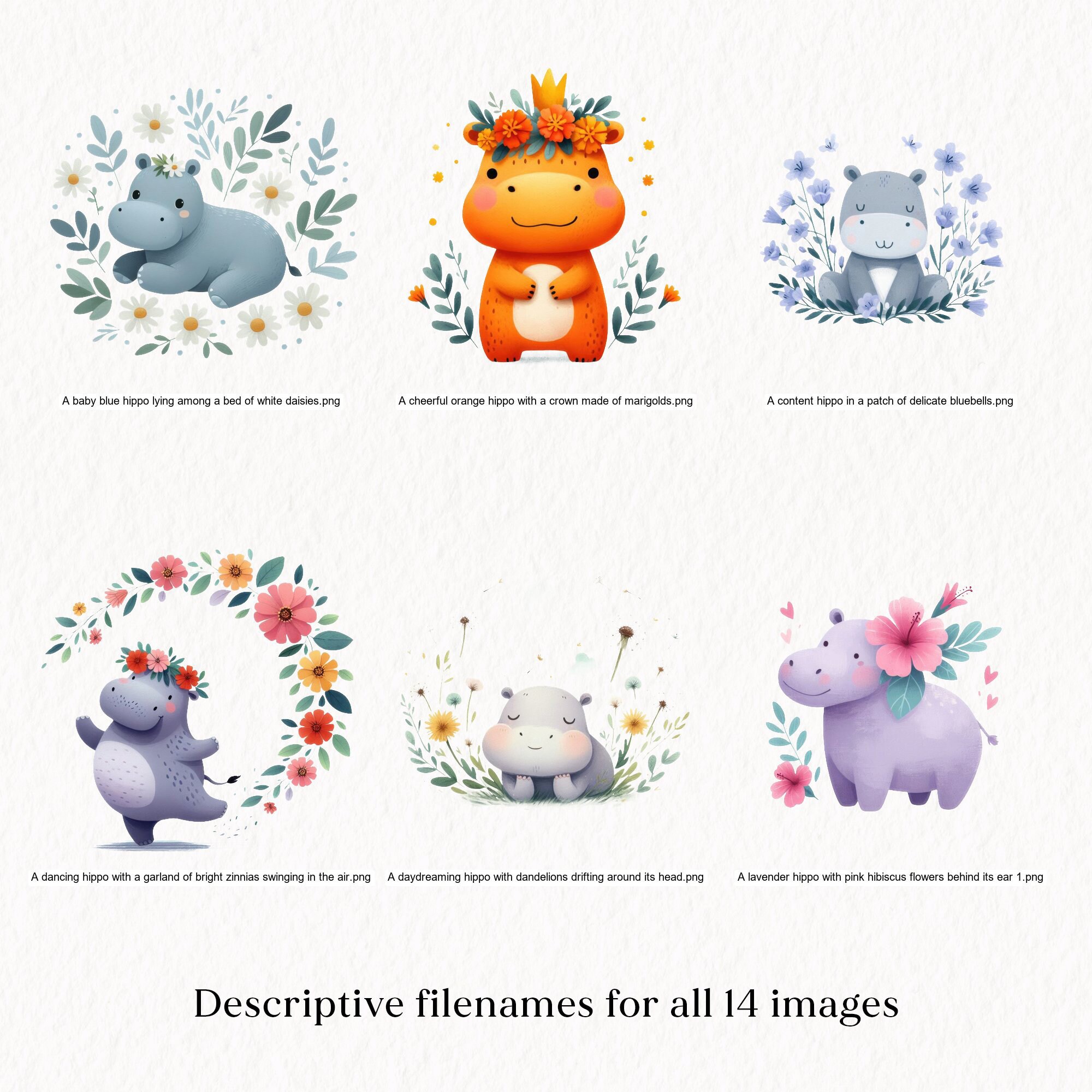 Floral Hippo Watercolor Clipart Bundle 14 PNG Images, Hippo & Flowers ...