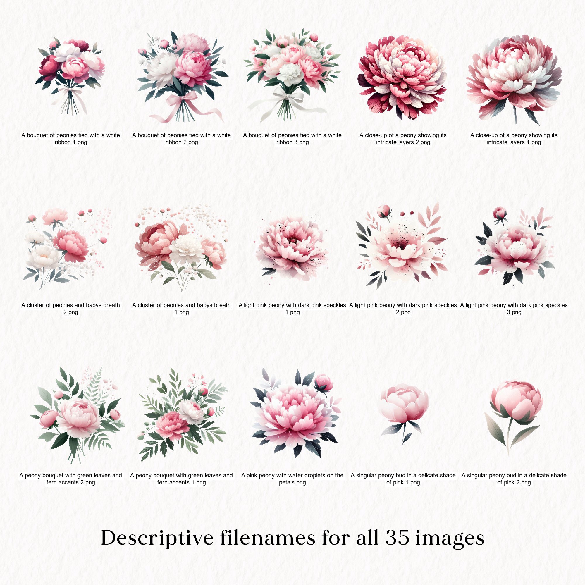 Pink & White Peonies Clipart Bundle 35 High-quality Watercolor Pngs ...