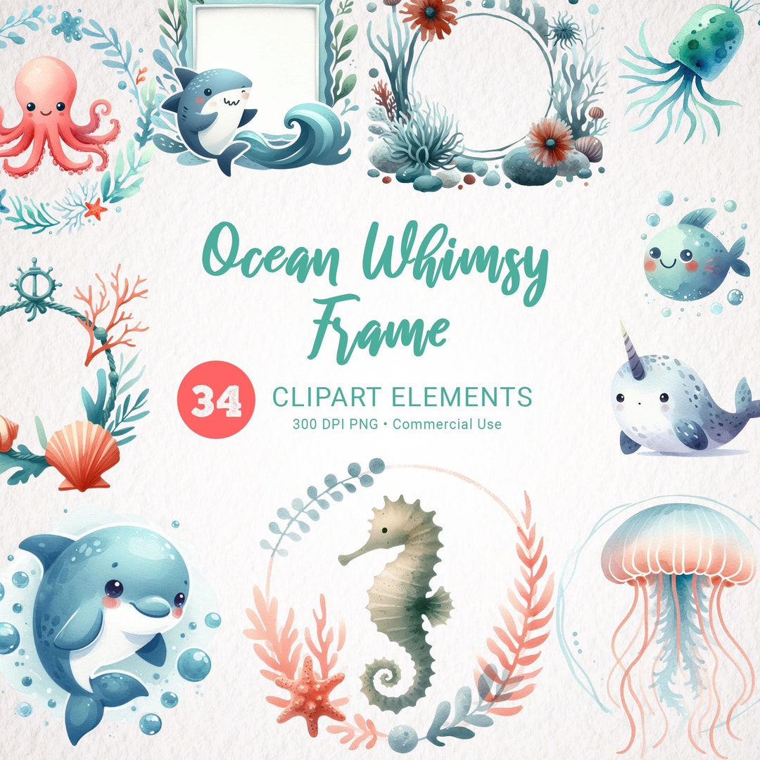 Watercolor Undersea Wreath Clipart, Nautical Frame PNG, Nursery Decor ...