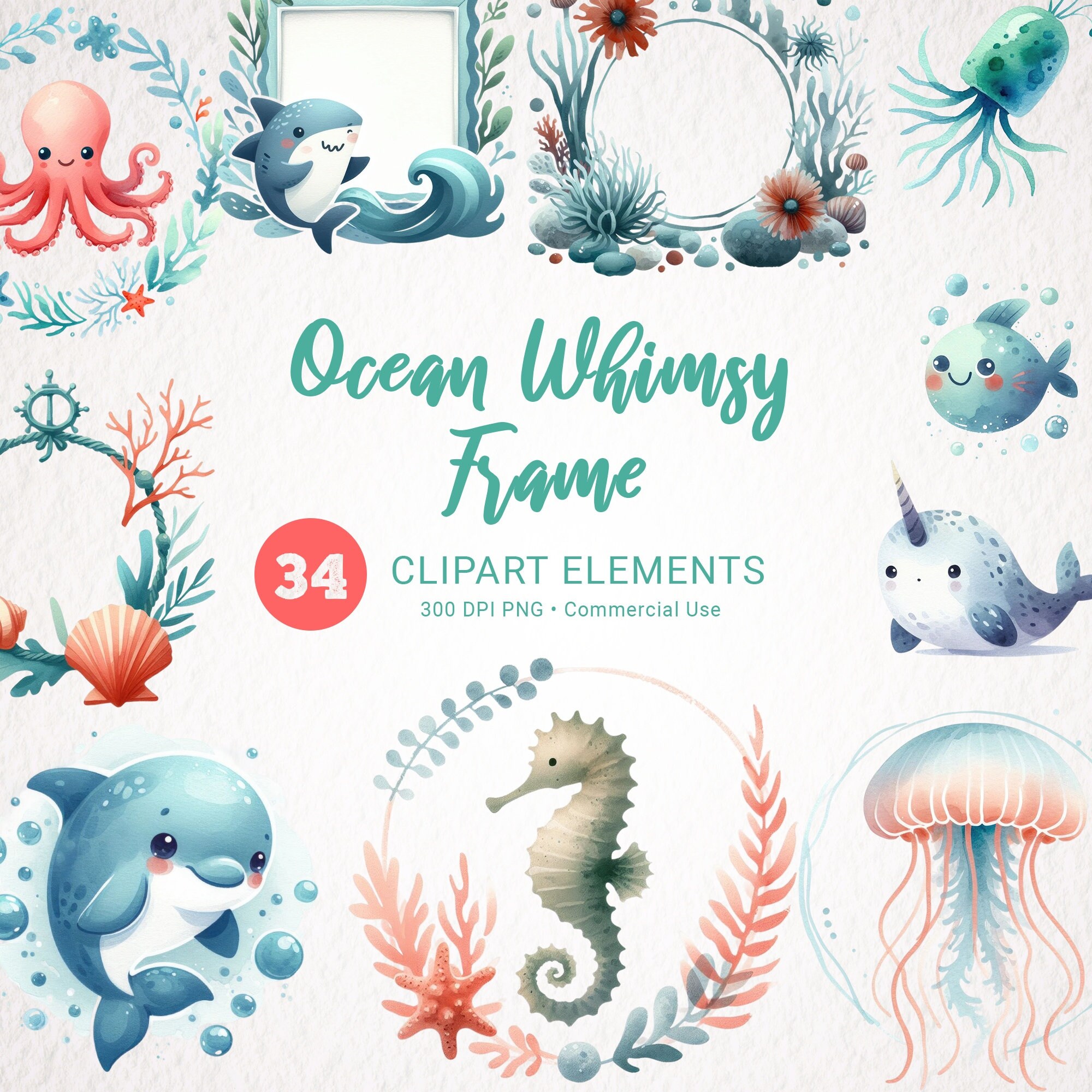 Watercolor Undersea Wreath Clipart, Nautical Frame PNG, Nursery Decor ...