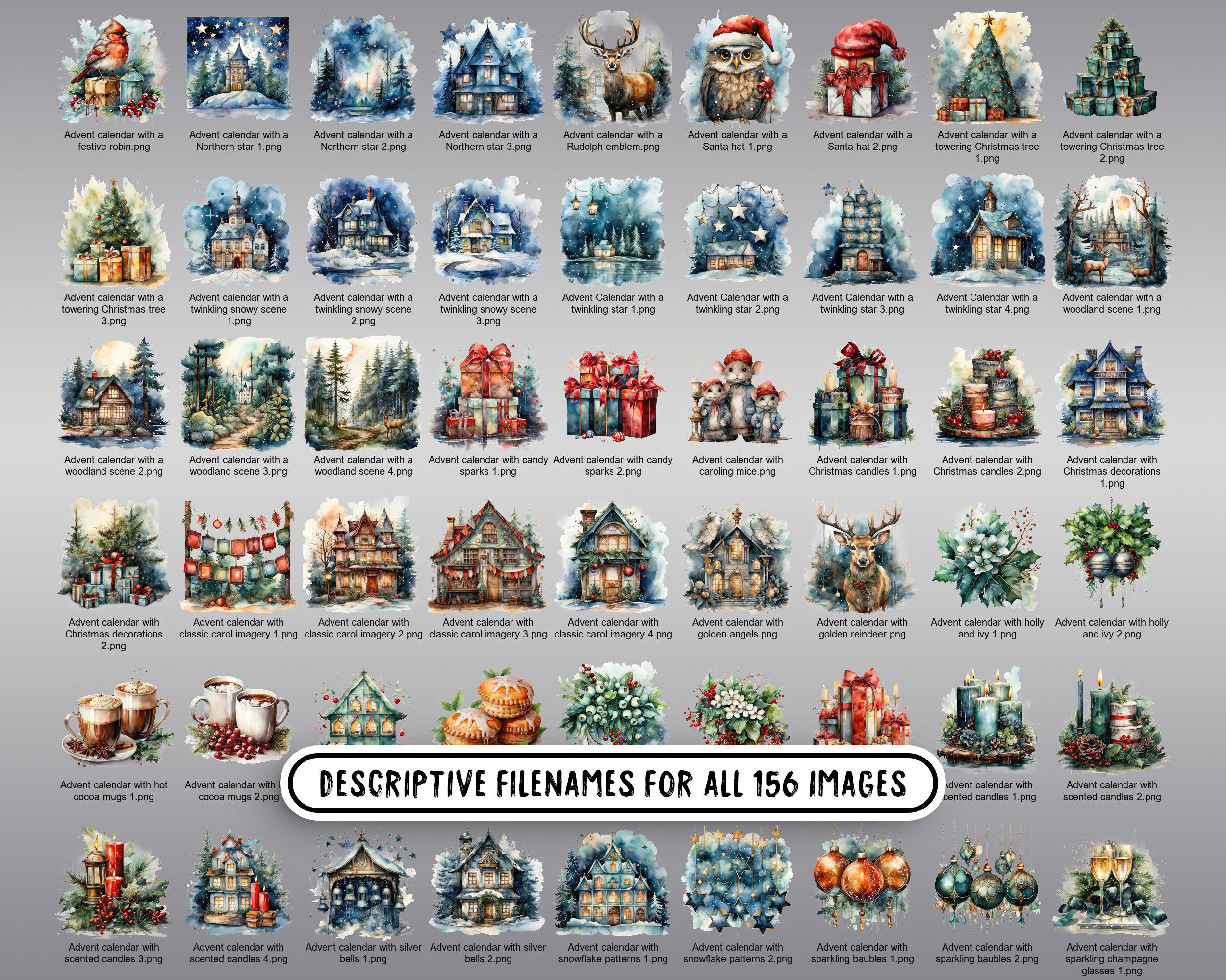 Advent Calendar Watercolor Clipart Bundle 156 PNG Transparent Images ...